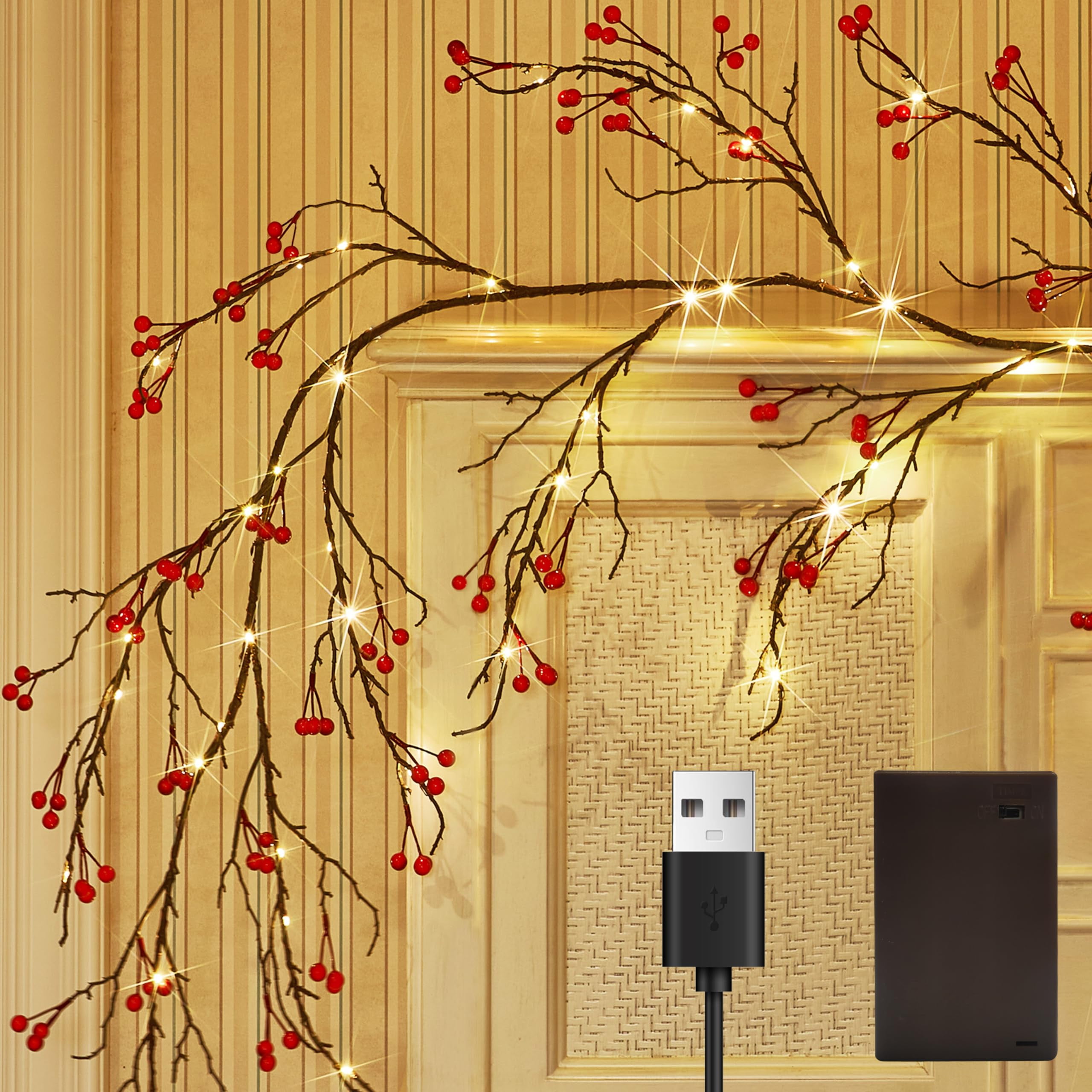 Fudios Lighted Red Berry Garland with Timer 120 LED 6FT Battery ...