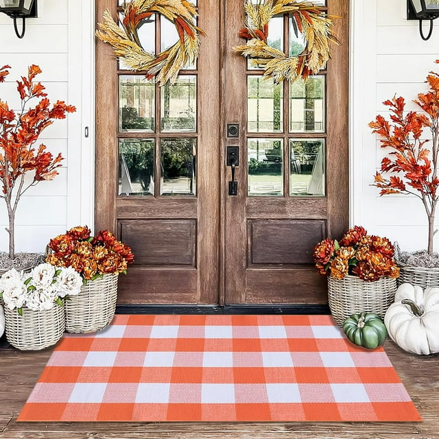 Ywuzuh Fall Outdoor Rug Orange Buffalo Plaid Outdoor Rug Cotton Hand ...