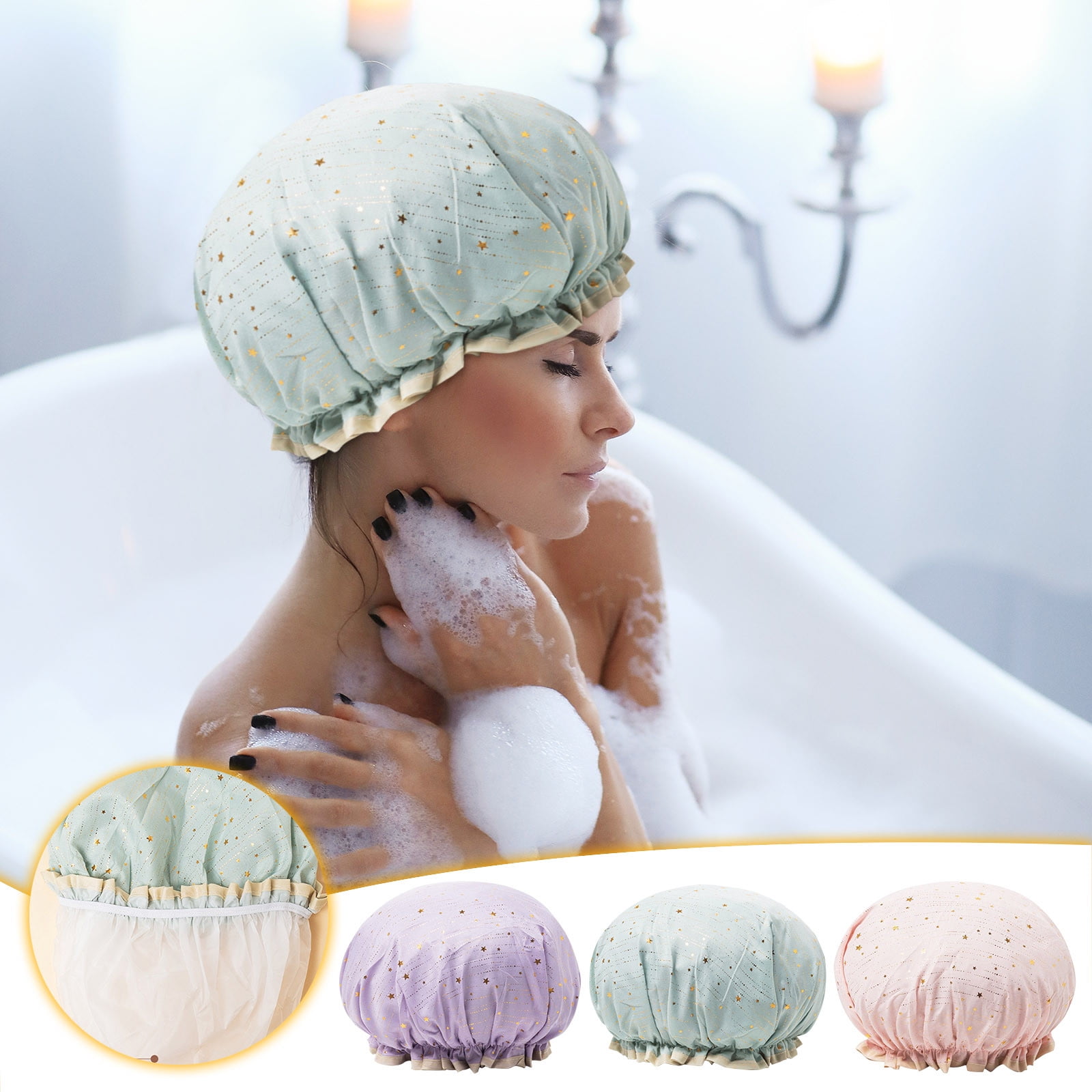 Fuebueo Shower Caps for Women and Girl Long Think Hair, Reusable ...