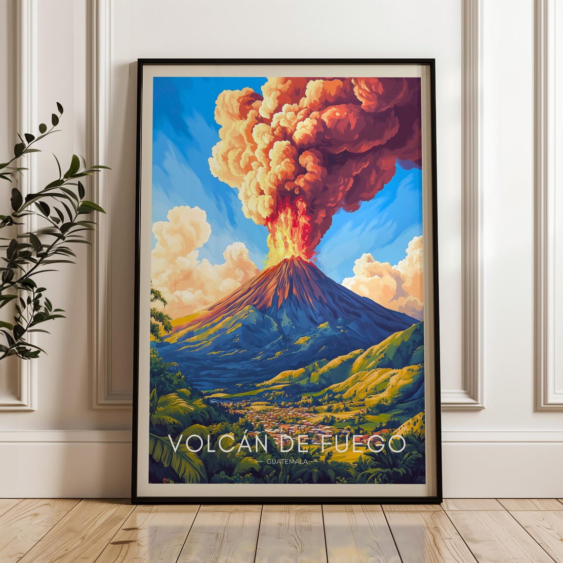 Fuego Volcano Travel Poster - Guatemala Wall Art Print, Illustration ...