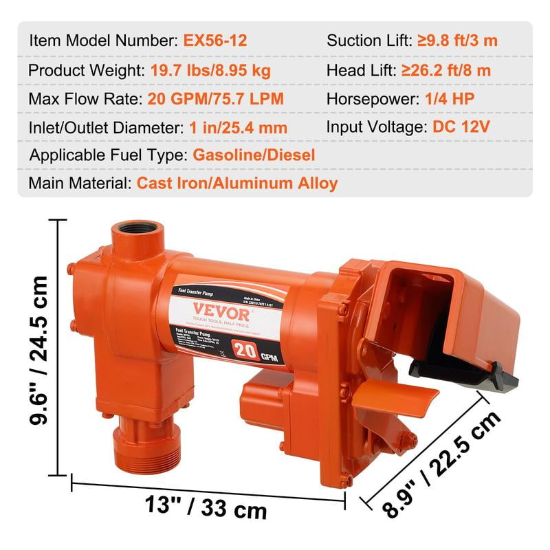 Fuel Transfer Pump, 12V DC 20 GPM 1/4 HP, Gasoline Extractor Pump with ...