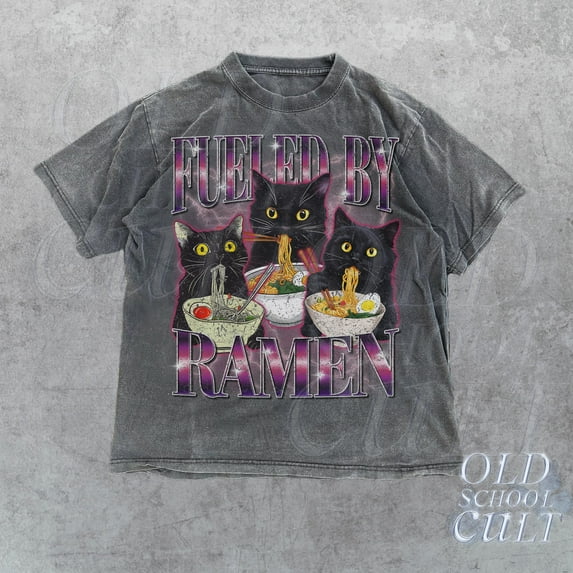 Fueled By Ramen Noodle Cat Graphic T-Shirt, Ramen Cat Retro Shirt ...