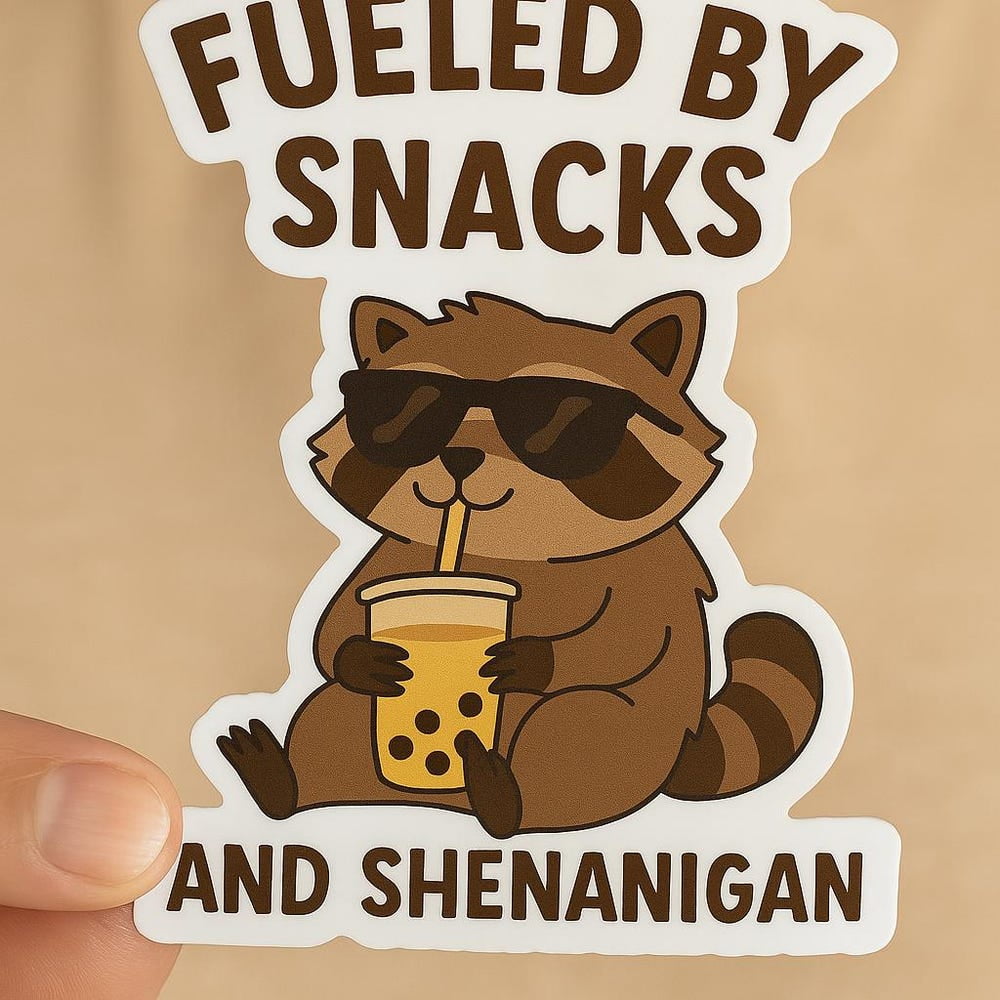 Fueled By Snacks & Shenanigans Raccoon Sticker - Foodie Vinyl Decal For ...