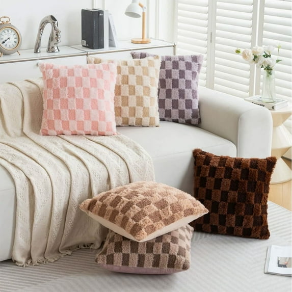 Fufafayo 6Pcs Fuzzy Grid Pillowcase, Velvet Pillow Cover, Checkerboard ...