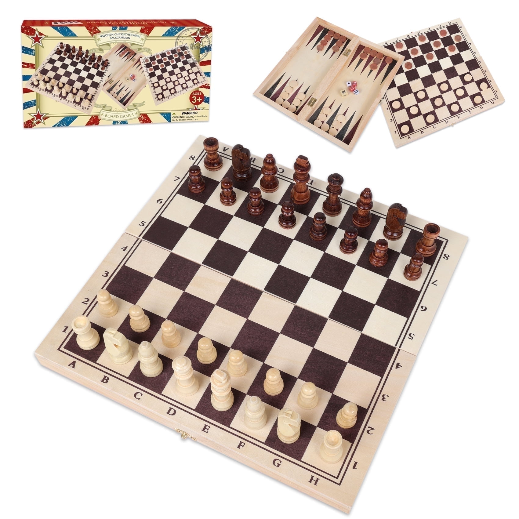 "Fugocen Chess Checkers Backgammon Set, 3-in-1 Wooden Board Game ...