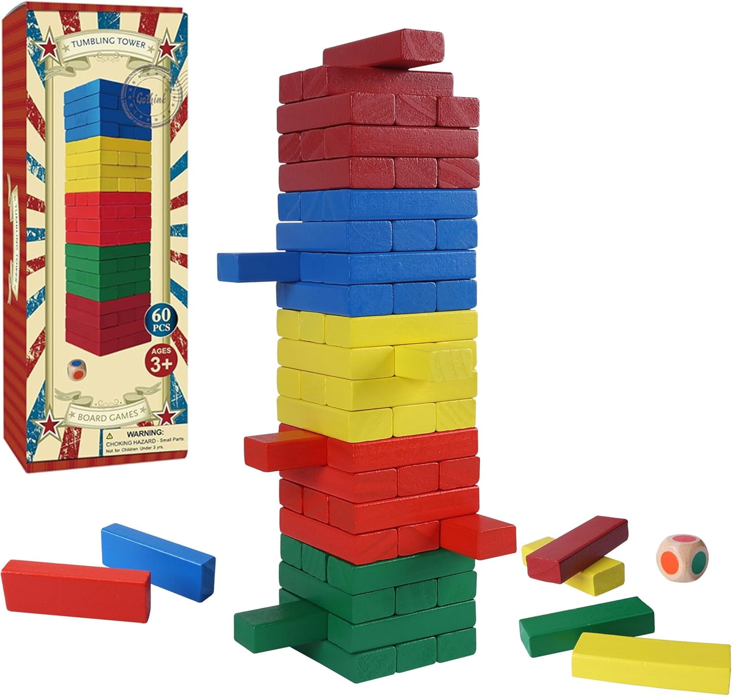 Fugocen Wooden Colorful Blocks Stacking Game 60 Pieces with Dice for ...