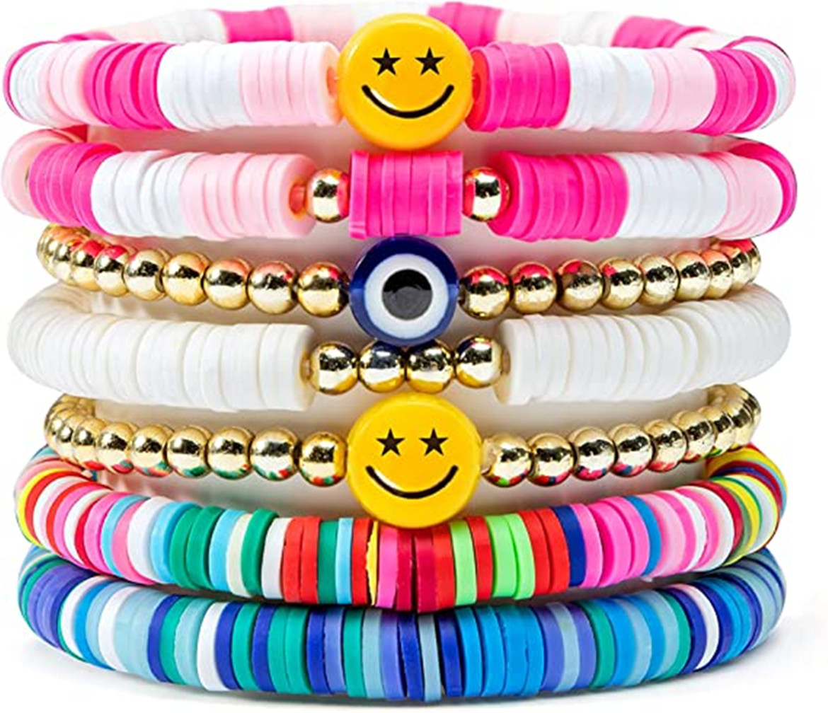 Fugua 7Pcs Surfer Heishi Smiley Face Beaded Bracelets for Women, Girl Stretch Bracelet Summer ...