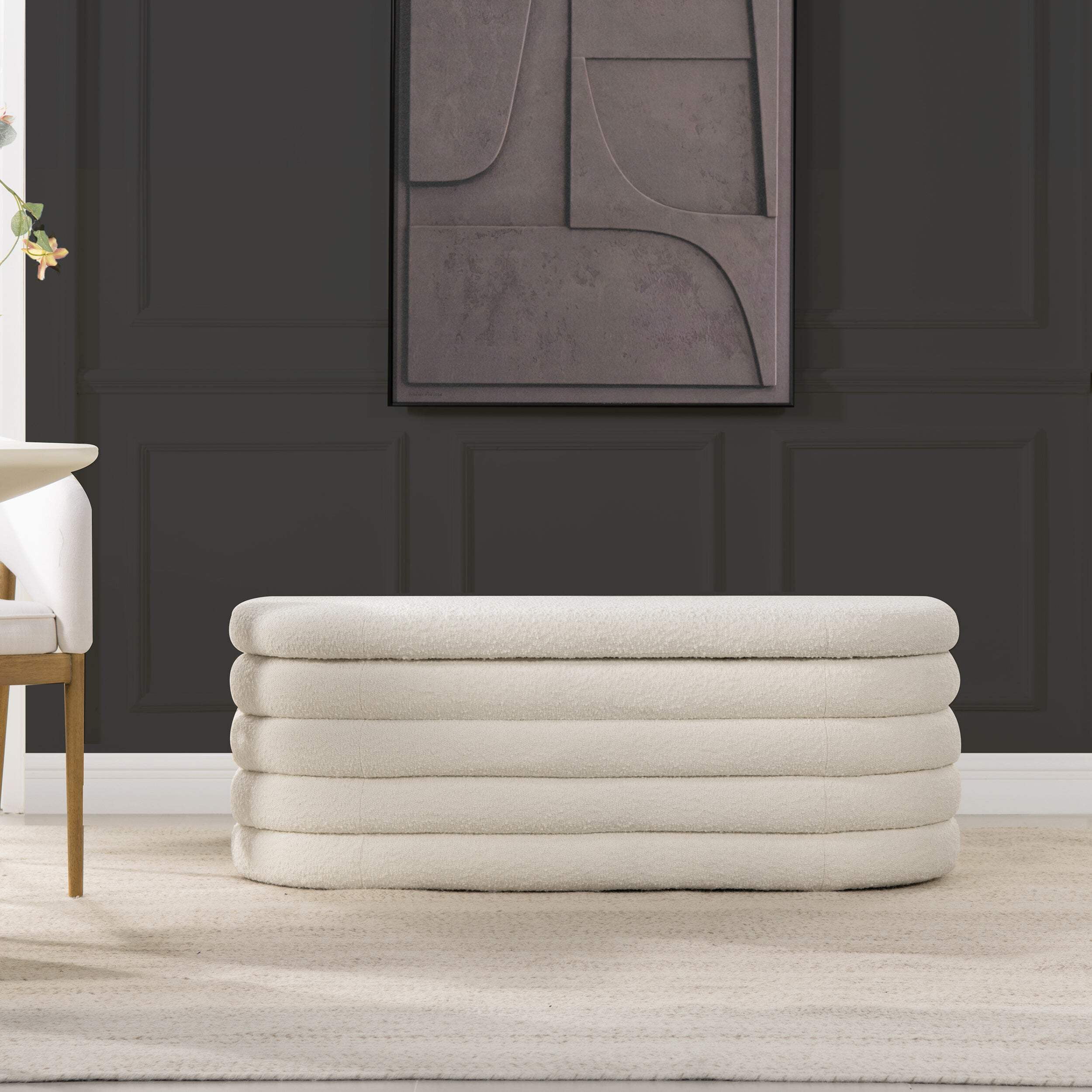 Fuji 49" Upholstered Oval Storage Bench, Ivory White Boucle White Foam ...