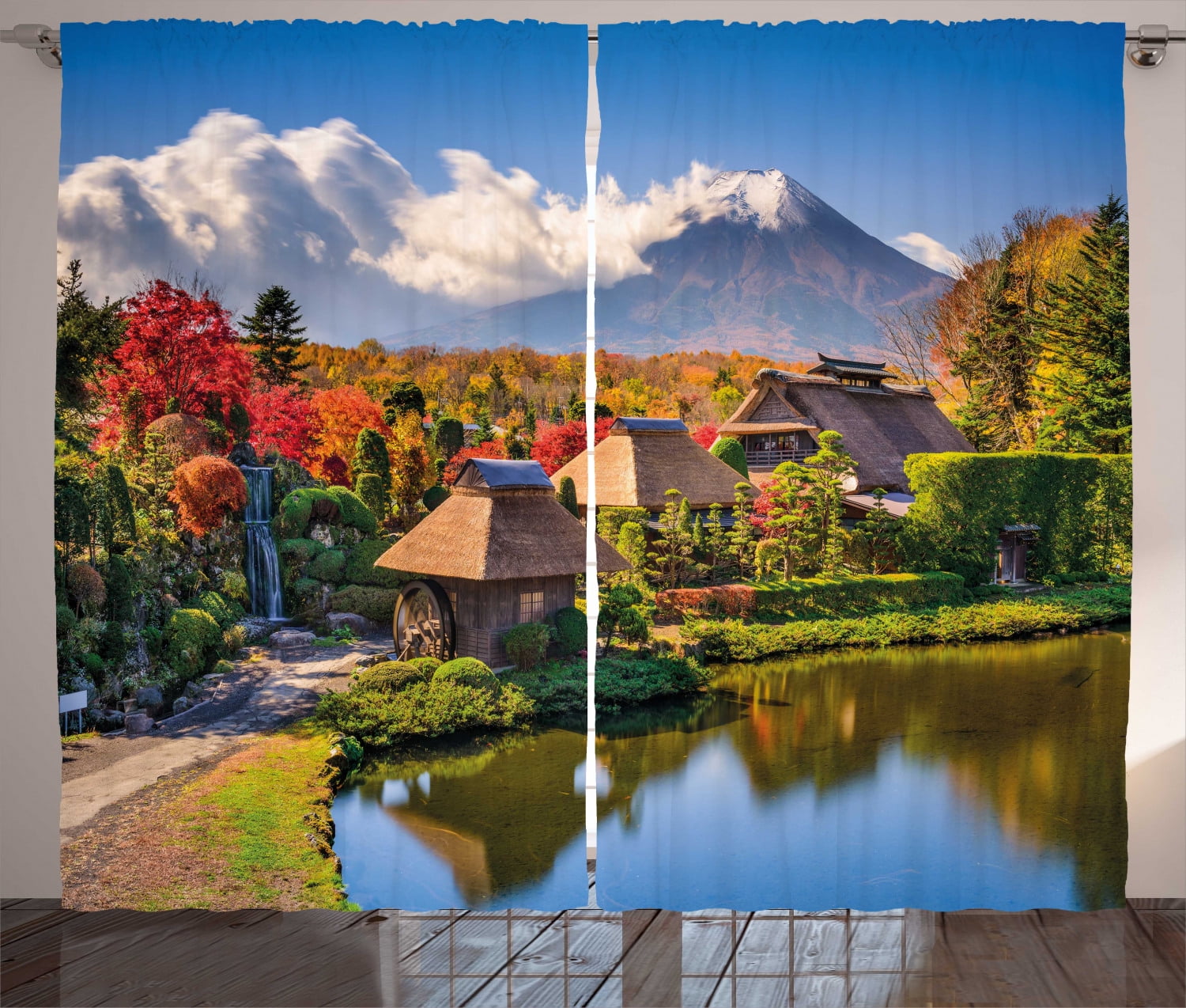 Fuji Curtains 2 Panels Set, View of Oshino Historic Thatch Houses with ...