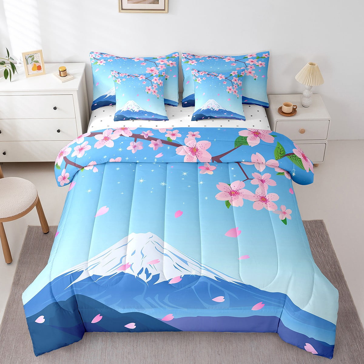 Fuji Full Bedding Set Mount Fuji Comforter Set Cherry Blossom Floral ...