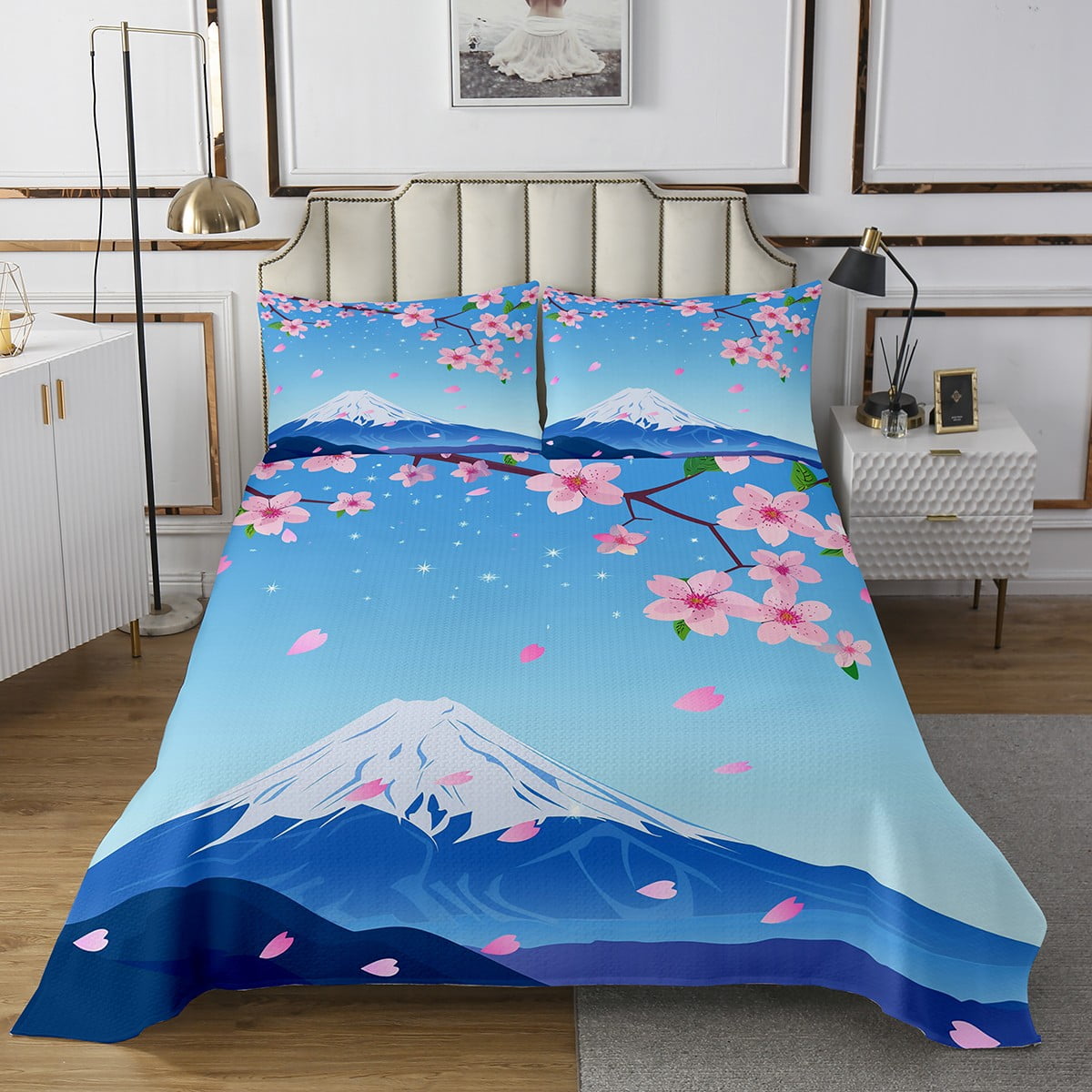 Fuji King Quilt Set Mount Fuji Bedspread Set Cherry Blossom Floral ...
