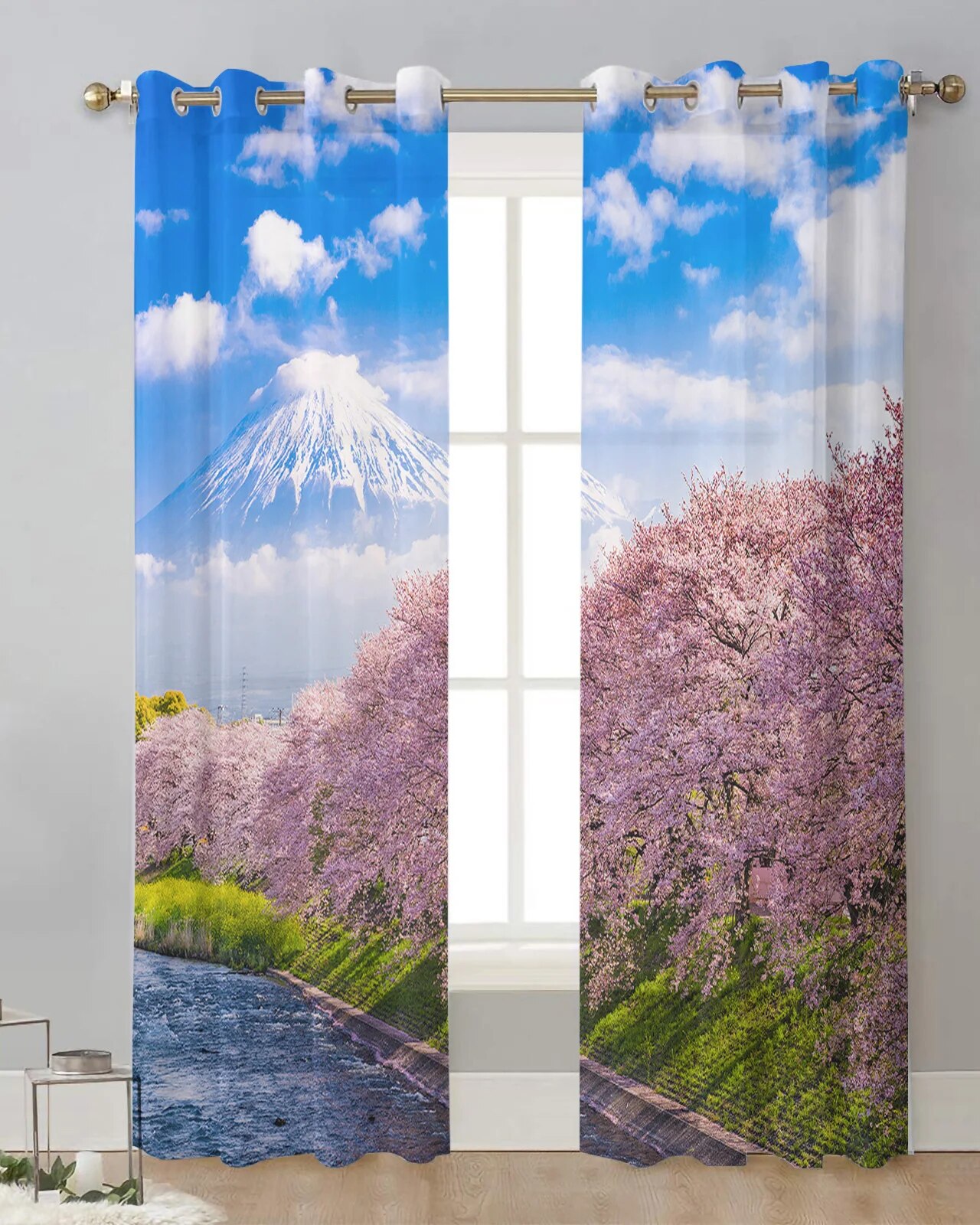 Fuji Mountain Cherry Tree Scenery Cloud Voile Hanging Curtain Living ...