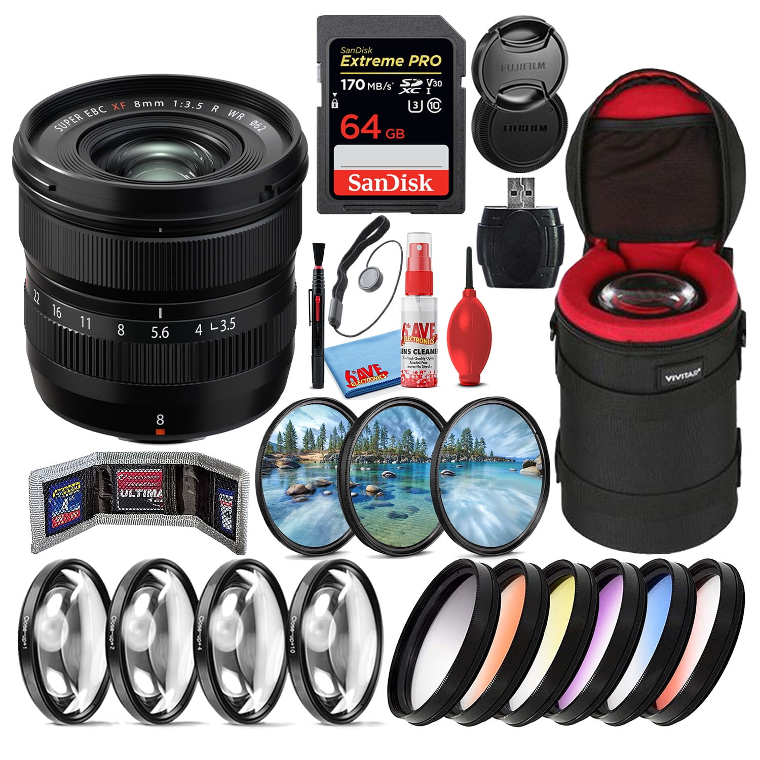 Fujifilm Fujinon XF 8mm Lens Bundle with 64GB SD Card, Filters, Case ...
