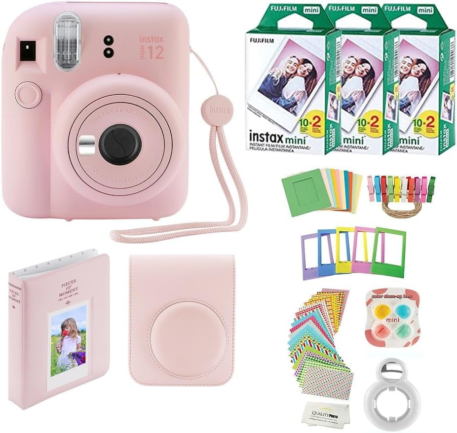 Fujifilm Instax Mini 12 Camera Value Pack: Case, 60 Films, Album, Stickers, Frames & More (Blush ...