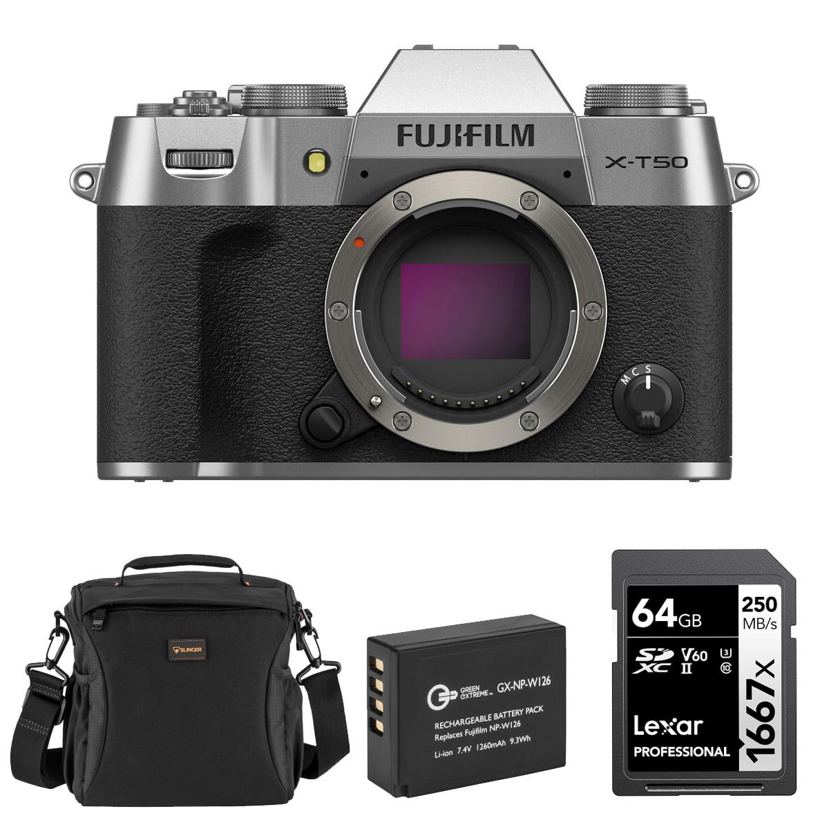 Fujifilm X-T50 Mirrorless Camera, Silver, Bundle with Li-Ion Battery, 64GB SDXC Memory Card and ...