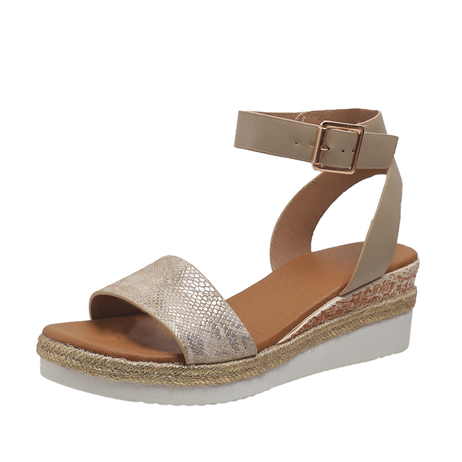 Fukaraa Ladies Fashion Lines Print Leather Open Toe Buckle Sloping Heel ...