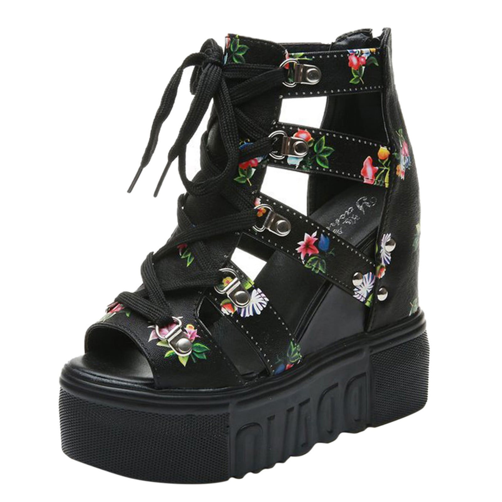Fukaraa Open Toe Wedge Sandals Women Floral Print Platform Chunky Heel ...