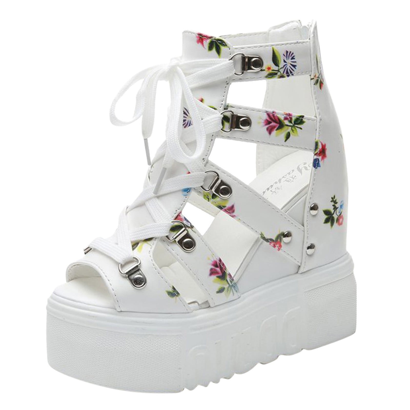 Fukaraa Open Toe Wedge Sandals Women Floral Print Platform Chunky Heel ...