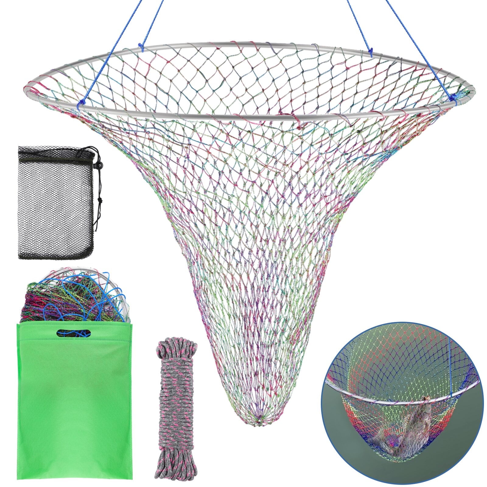 Fukushima Foldable Drop Net for Bridge and Pier Fishing - Durable Steel Hoop with Nylon Mesh ...