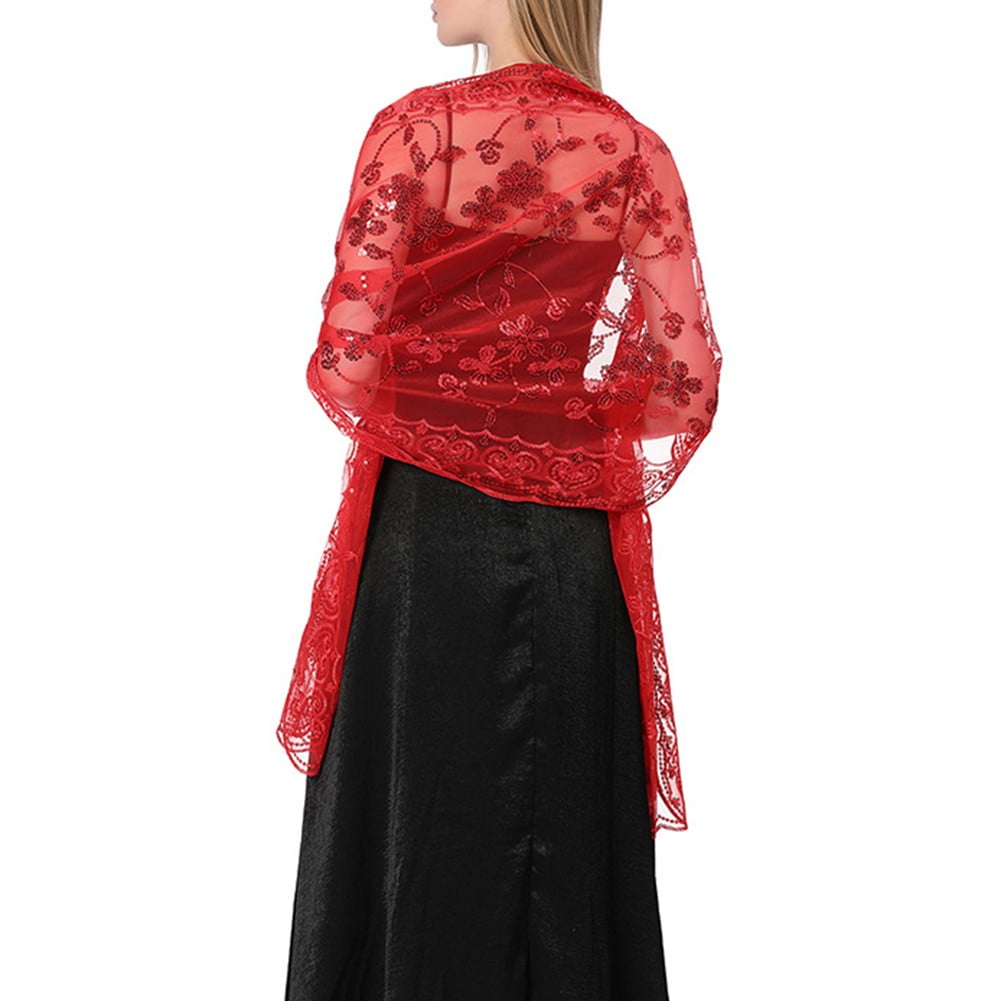 Fule Long Sparkly Sequin Sheer Tulle Lace Embroidery Shawl Wrap Scarf ...