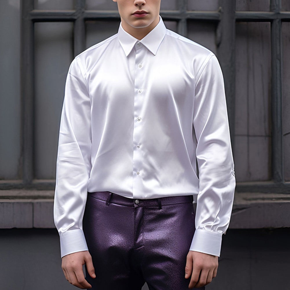 Fule Mens Casual Satin Silk Button Down Dress Shirt Slim Fit Party Long ...