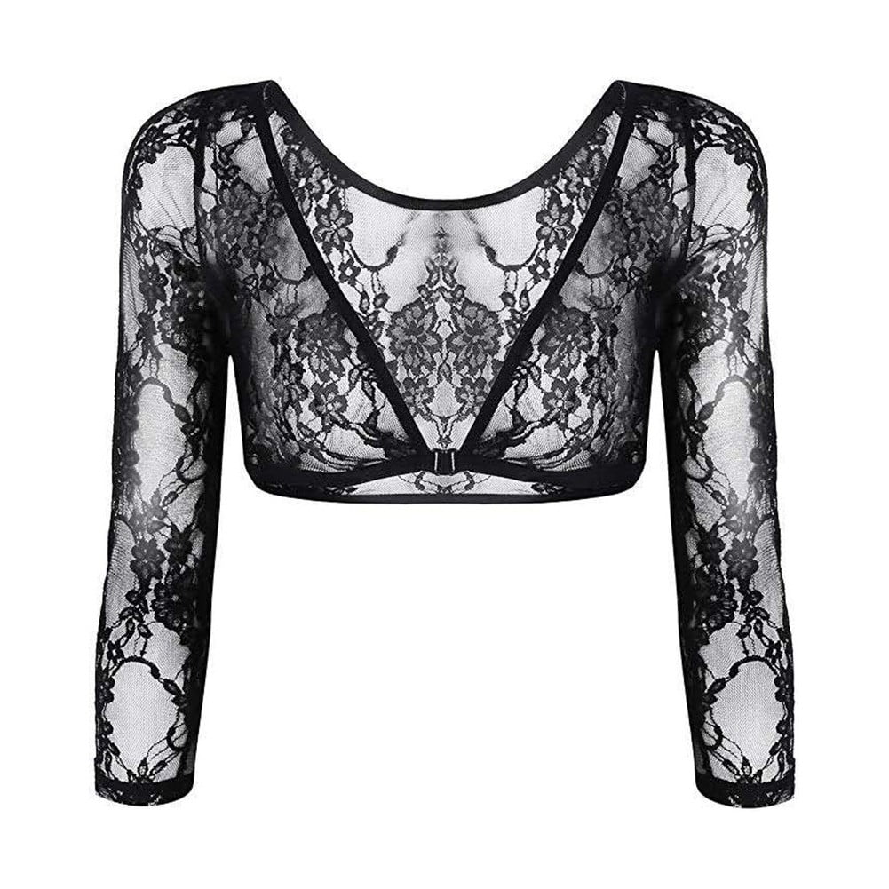 Fule Women Mesh Lace See Through Crop Tops Sheer Seamless Shaper Shirt ...