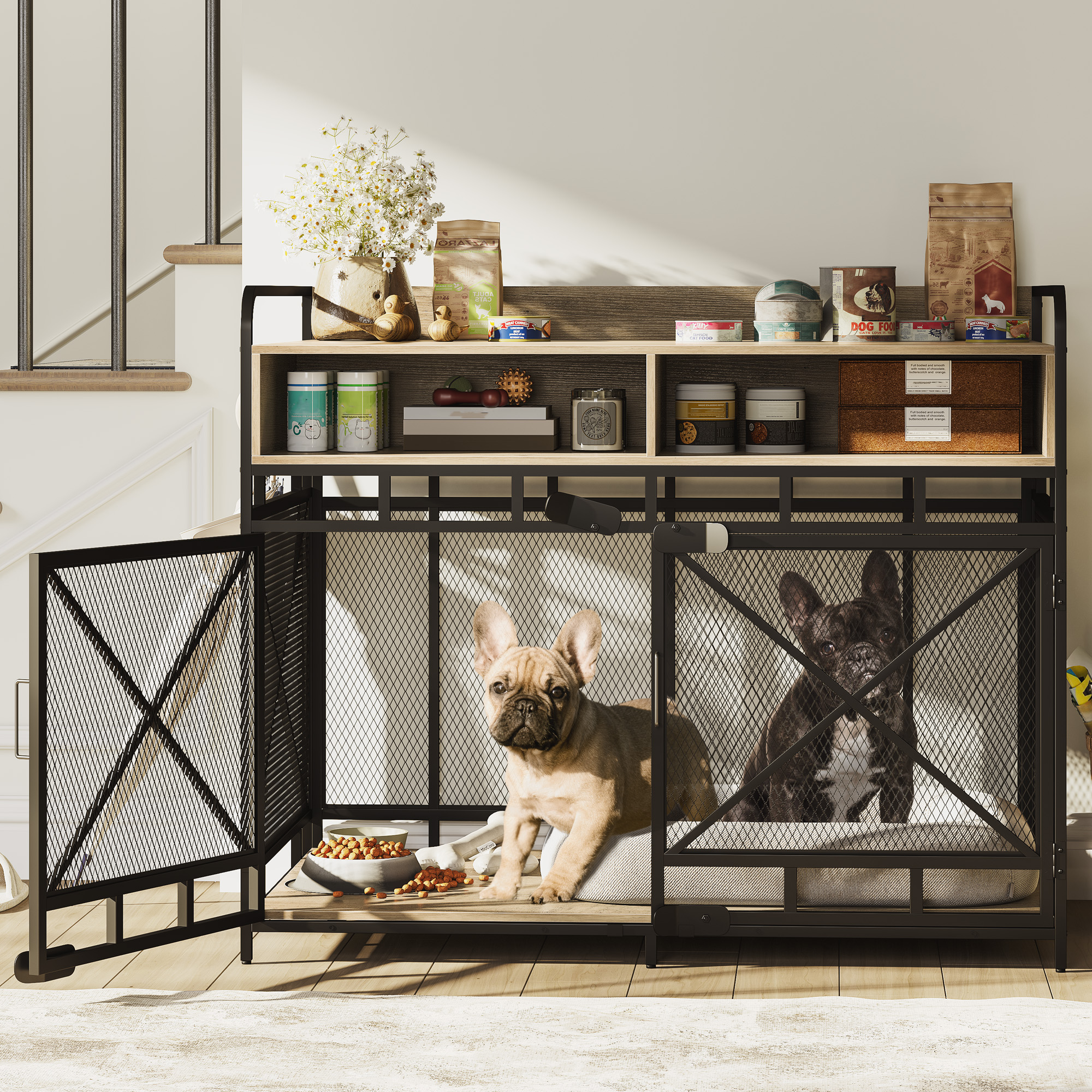 Wooden Dog Cage Furniture with 2 Doors & 2 Drawers Storage, Heavy Duty ...
