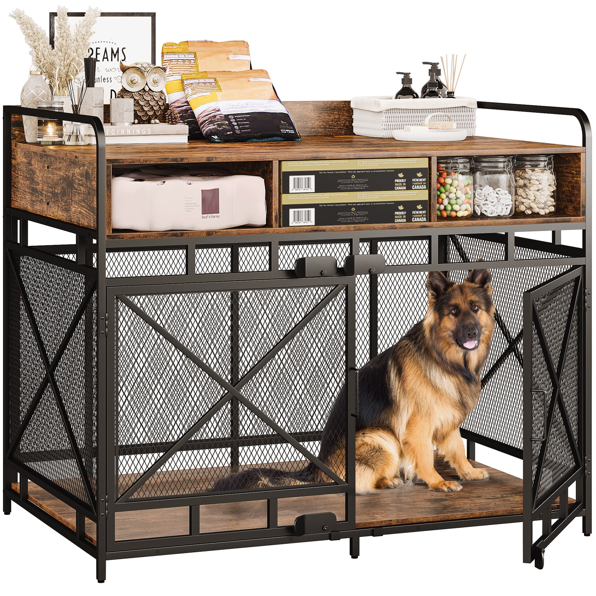 Fulhope Large Dog Crate Furniture 43", Dog Kennel Indoor, Wood Dog Cage ...