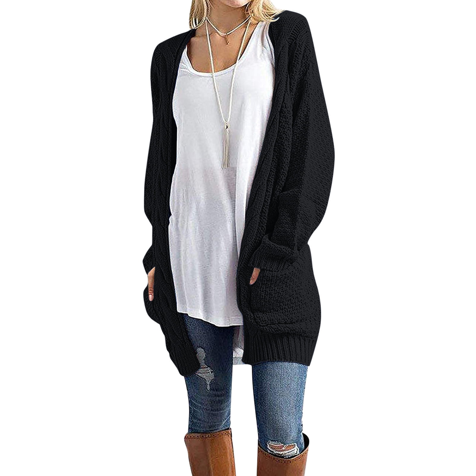Fulijie Ankle Long Black Sweater,Chunky Oversized Cableknit Cardigans ...