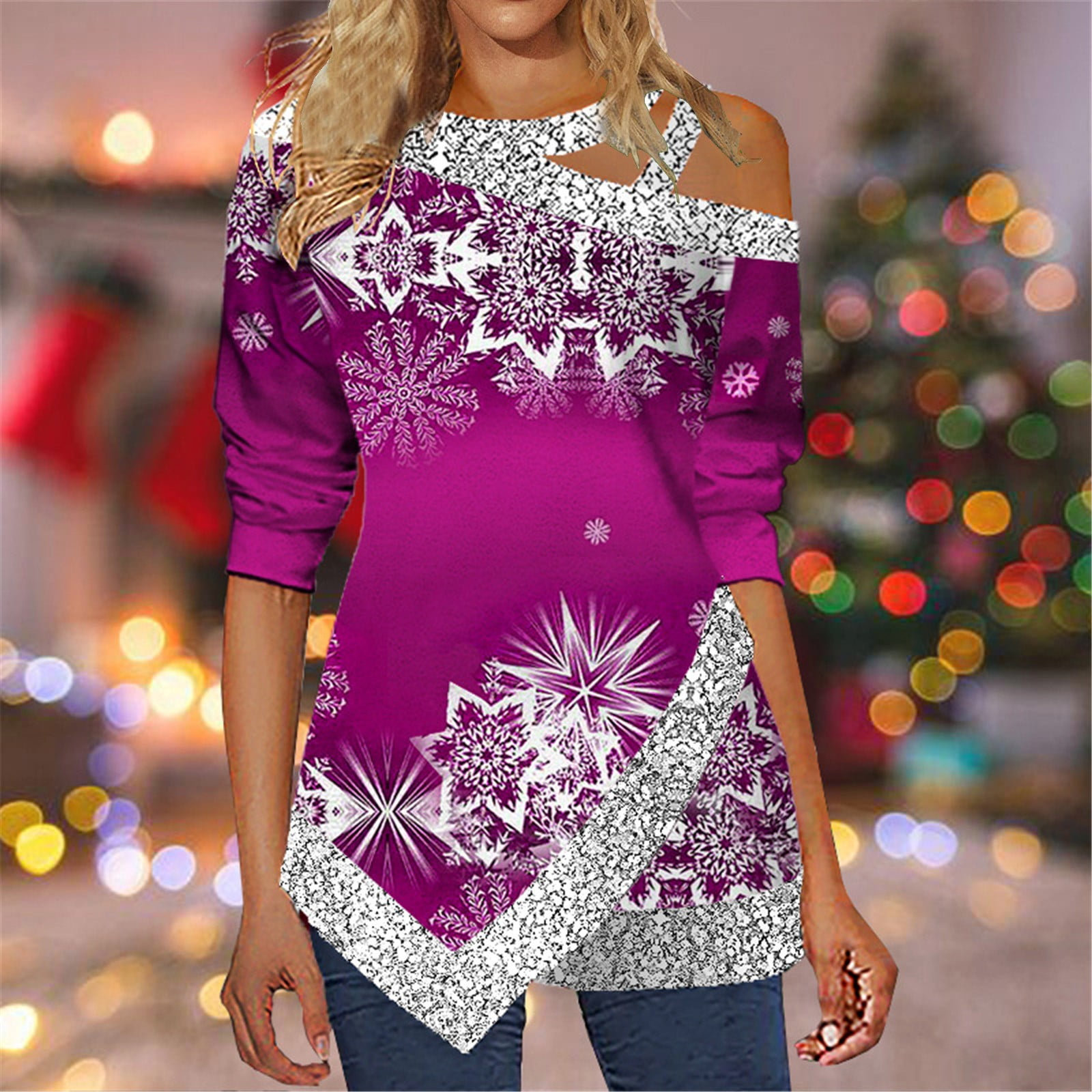 Fulijie Christmas One Shoulder Women Christmas Shirt, Tops Snowflake ...