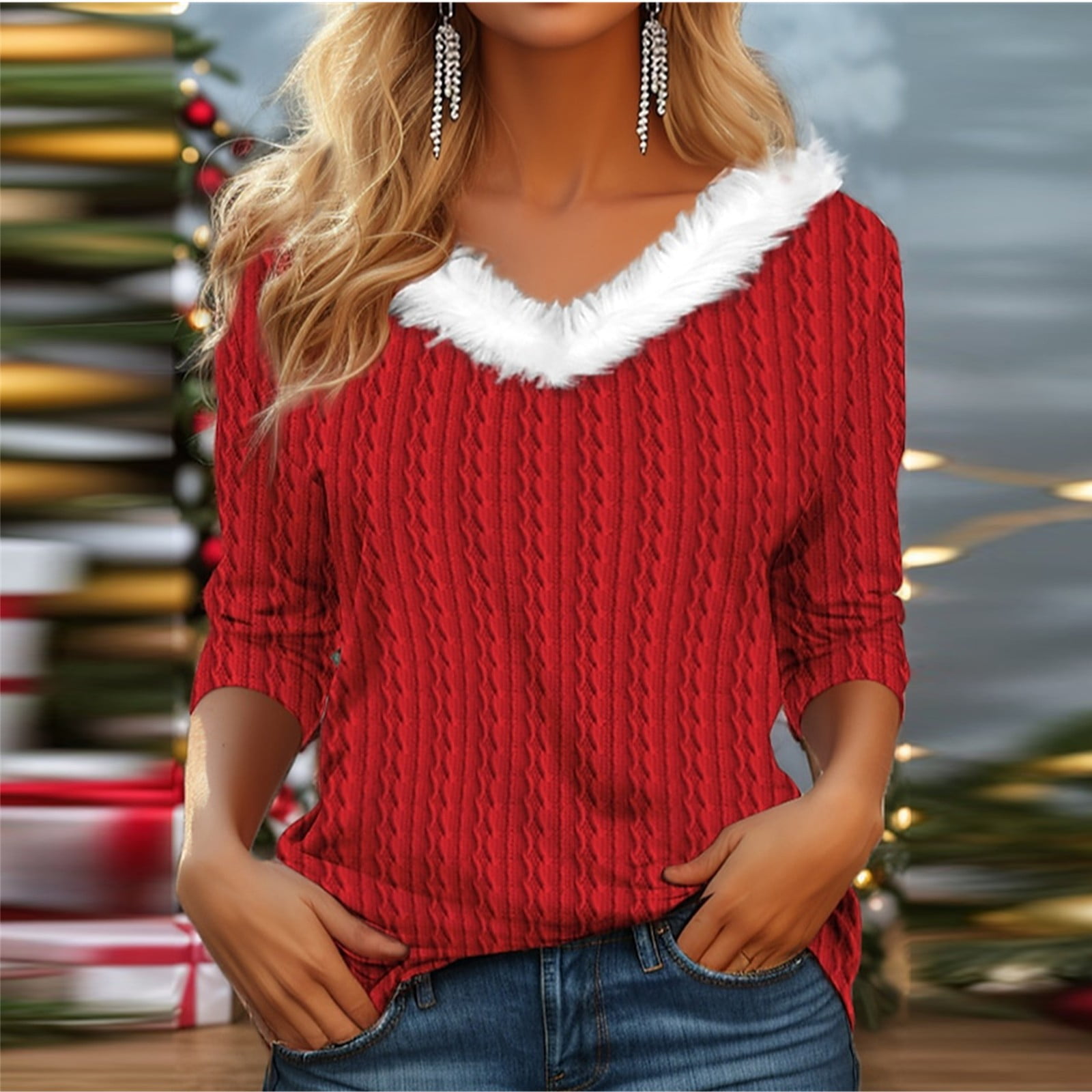 Fulijie Christmas V-Neck Woman Plus Size Tops, Boho Graphic Tees, Red Christmas Button up Shirts ...