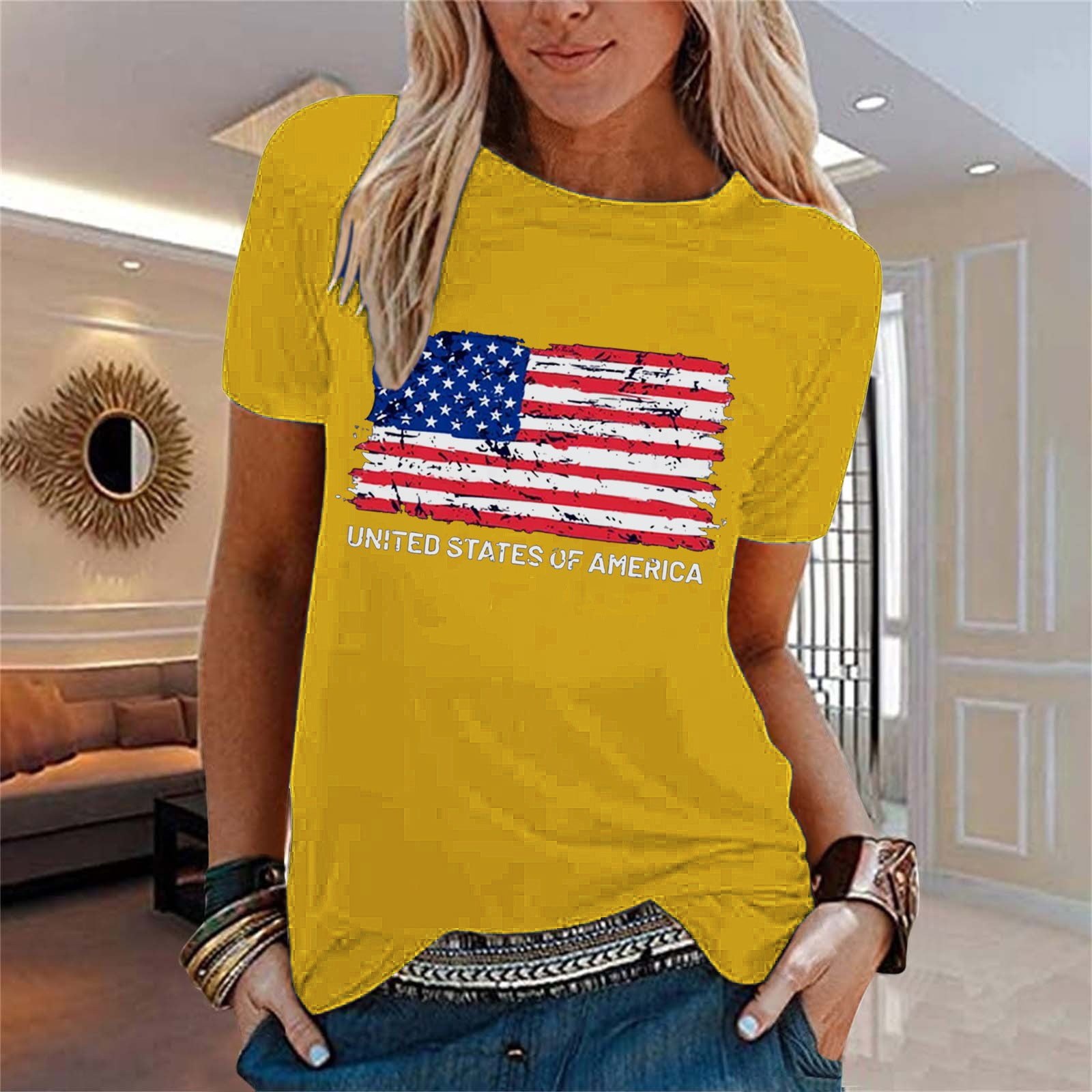 Fulijie Independence Day 4th of July, Women's Short Sleeve National Flag Crew Neck T-Shirt, Size ...