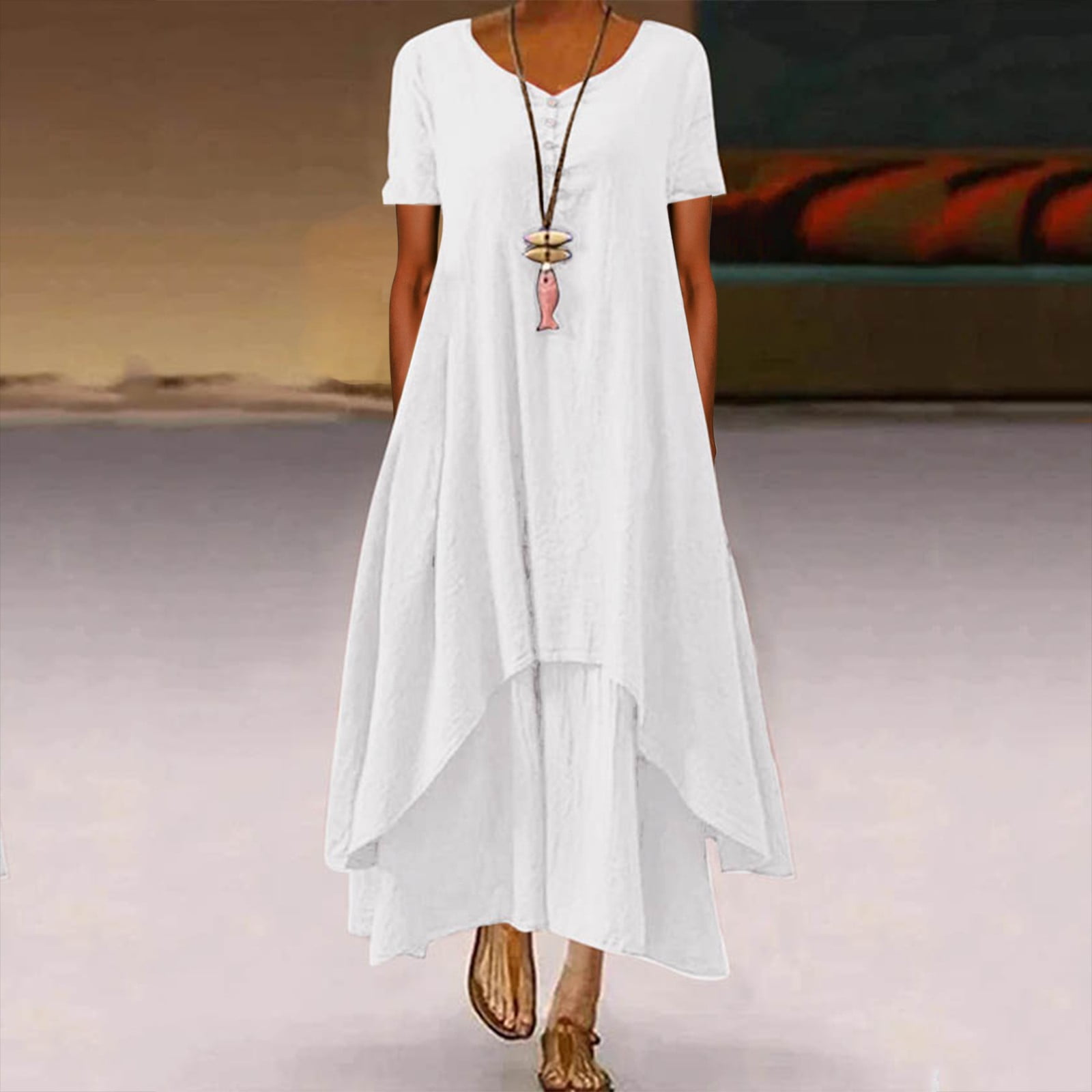 Fulijie Long Irregular Dress Casual Sleeve Solid V Neck Loose Short 4121