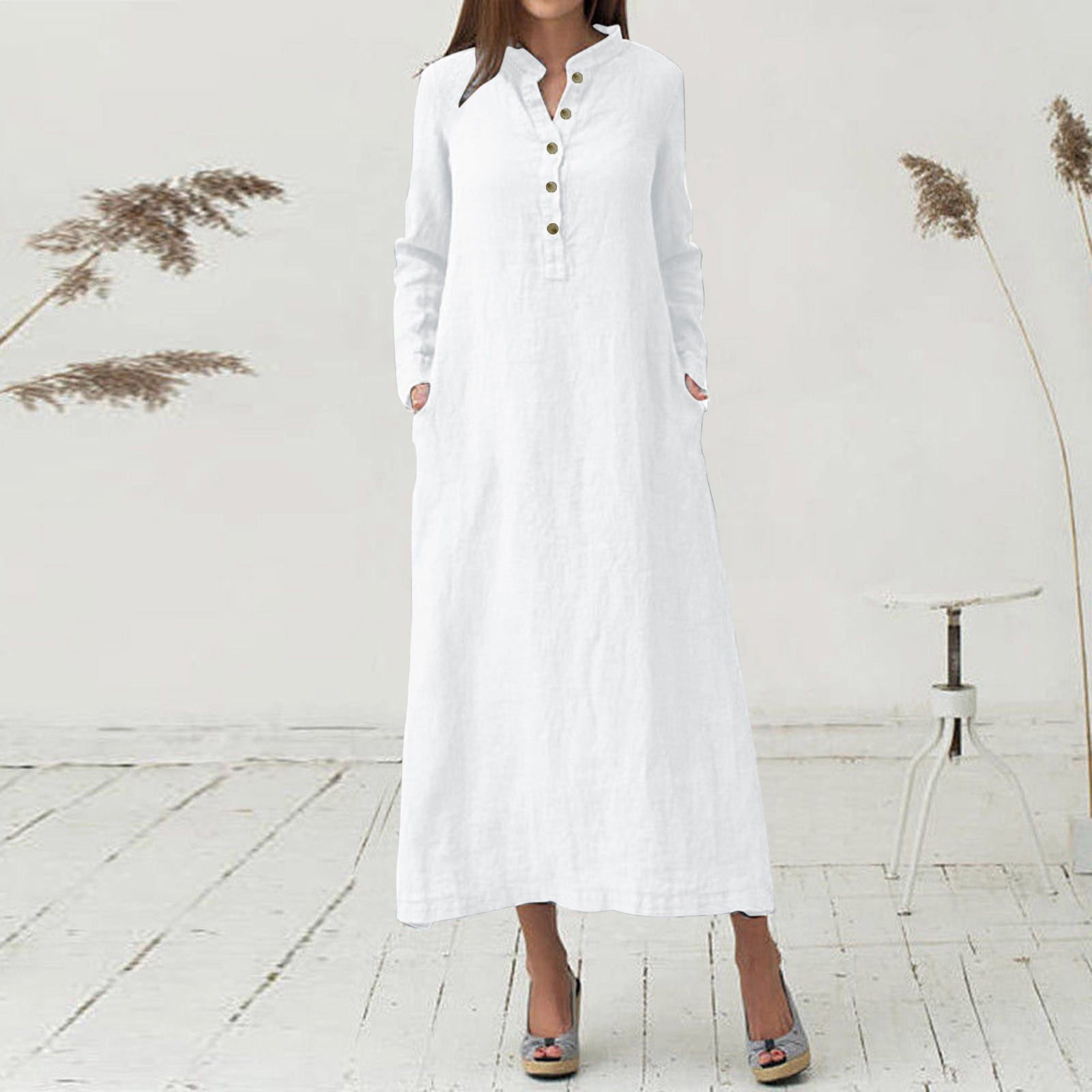 Fulijie Swing Dress For Women Solid Color Long Sleeve Crew Neck 2475
