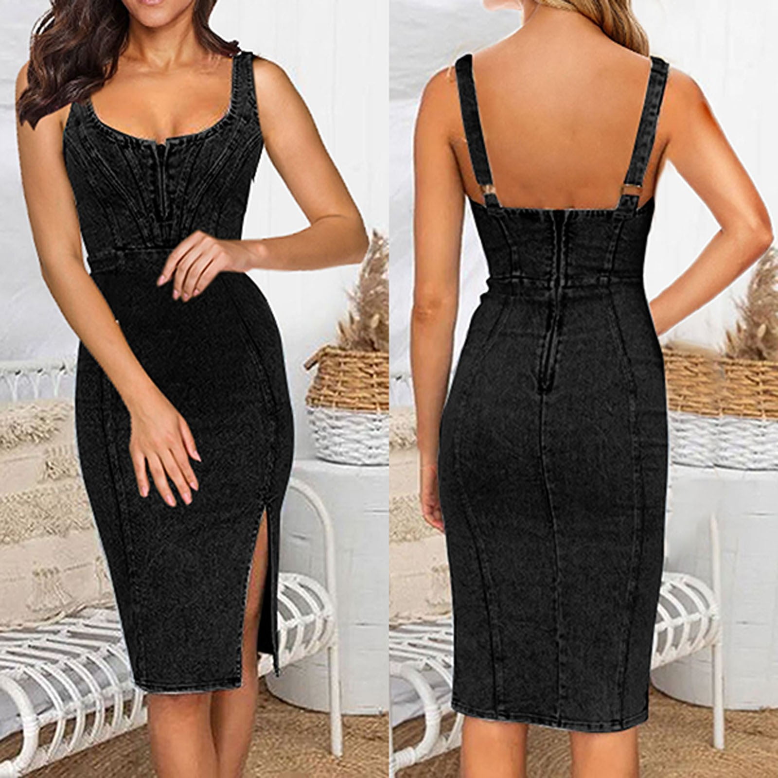 Fulijie Swing Dress For Women Solid Color Short Sleeve Crew Neck 9277