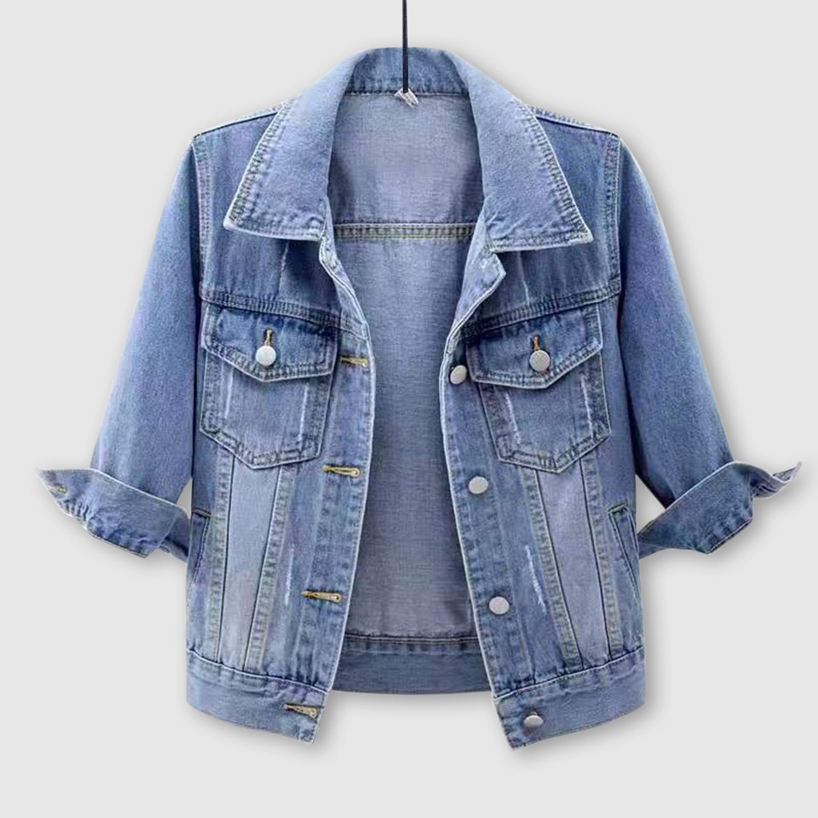 Fulijie Women's 3/4 Sleeve Colored Cropped Denim Jacket Light Wash ...