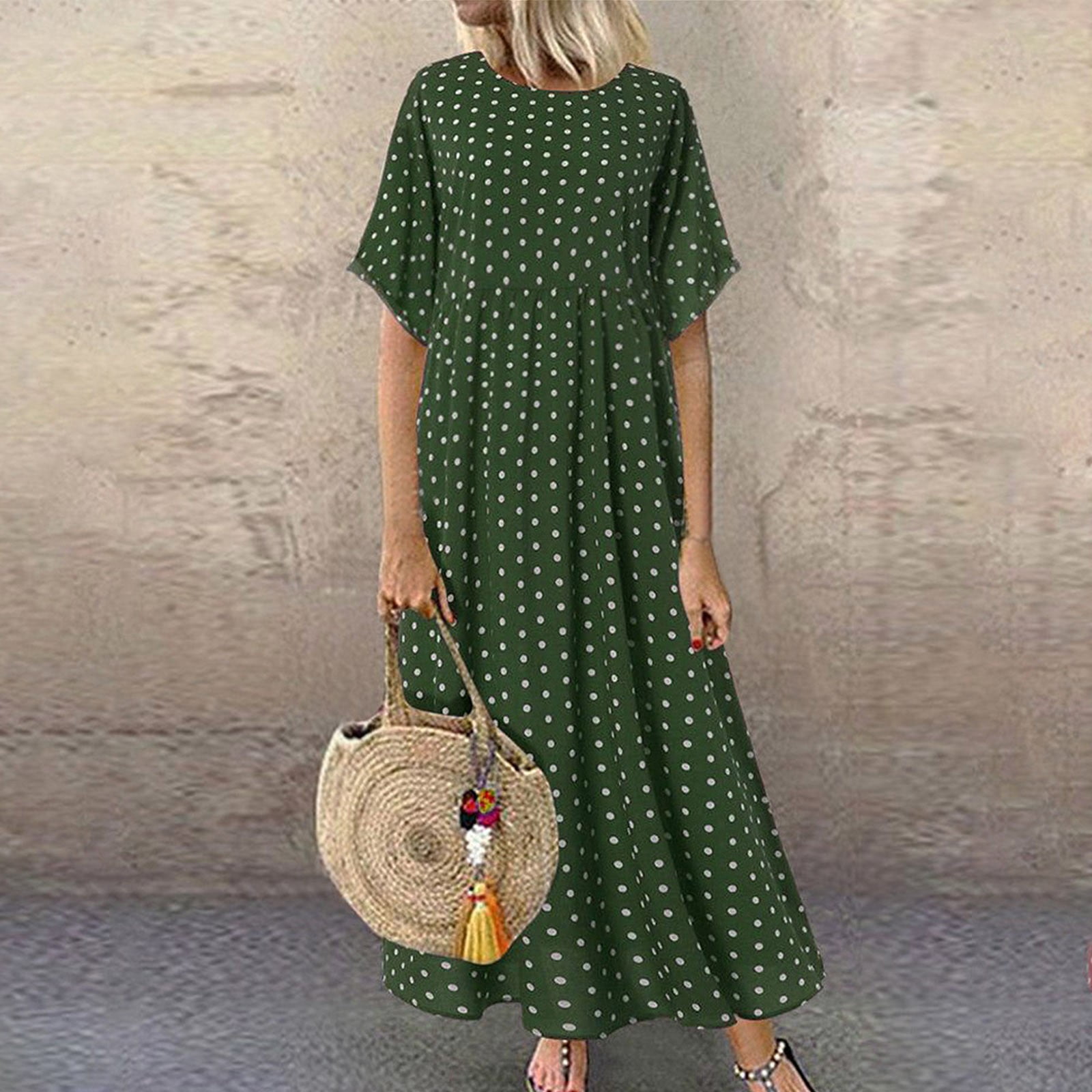 Fulijie Women's Causal Short Sleeve Polka Dot Printed Dress Retro Beach Dress Plus Size Green ...
