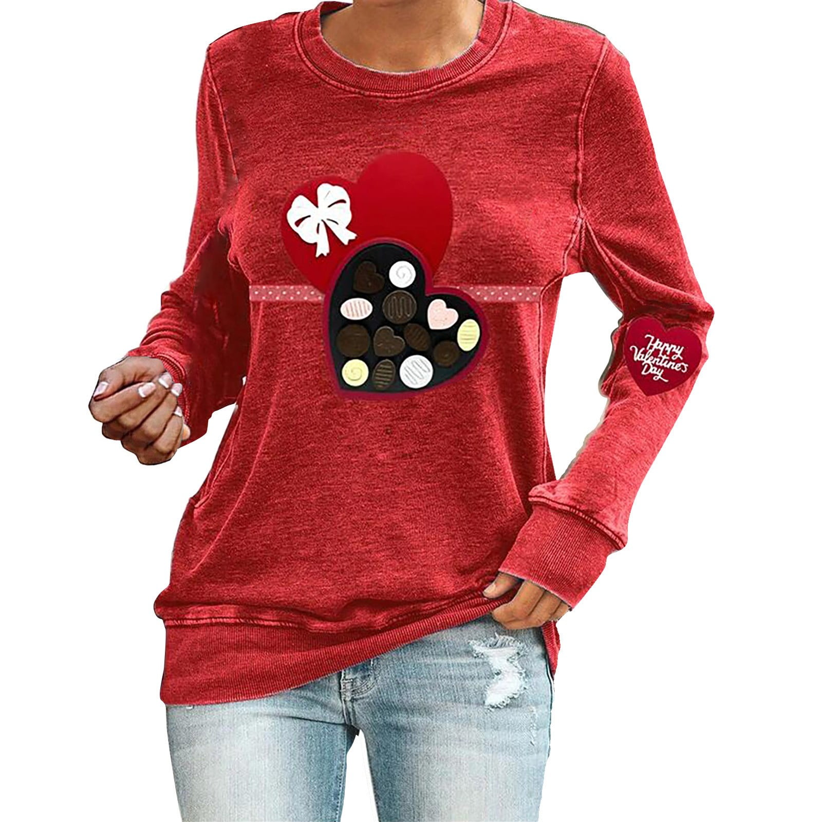 Fulijie Womens Solid Color Crew Neck Loose Long Sleeved Valentines