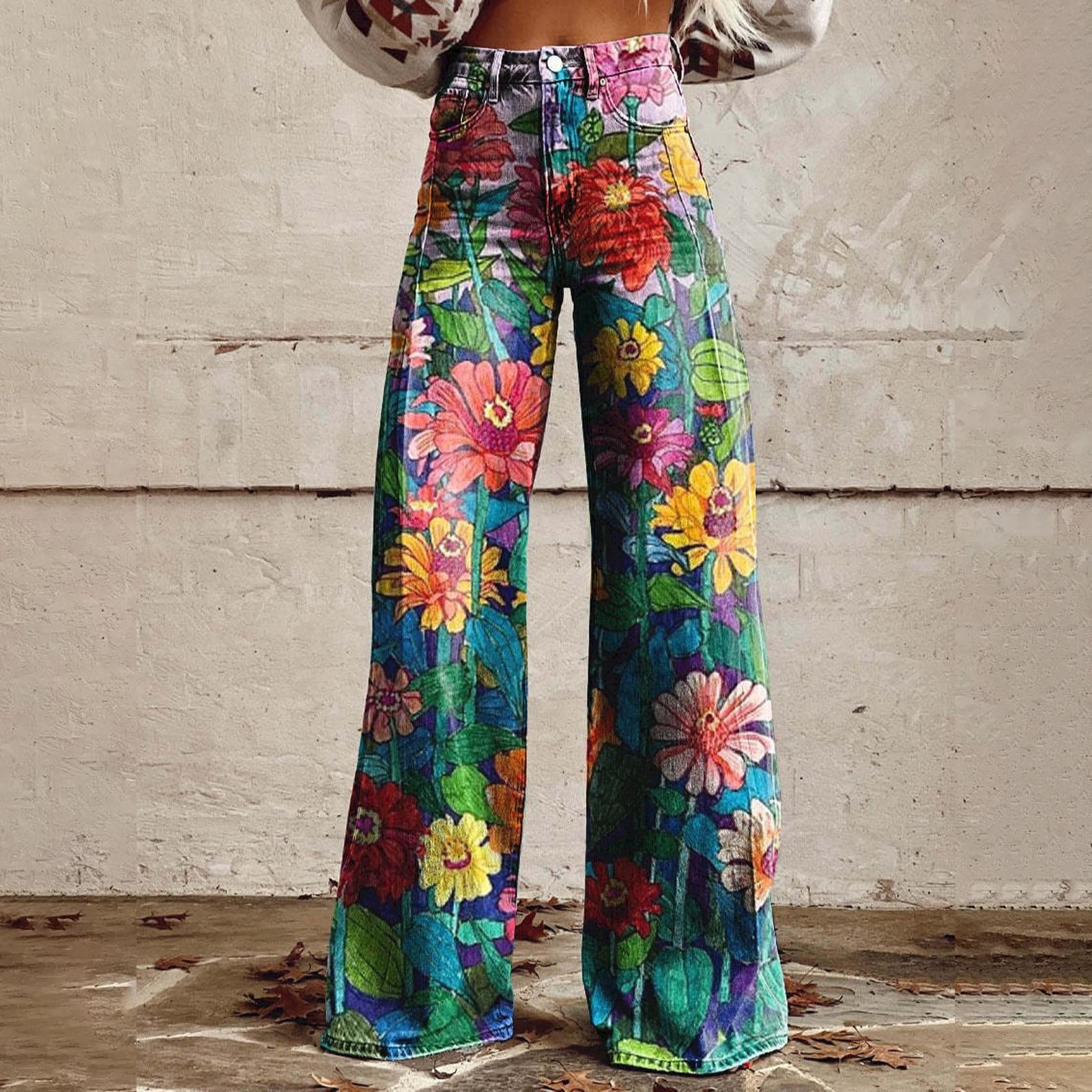 Fulijie Women's Vintage Flower Print Casual Wide Leg Pants, Green ...