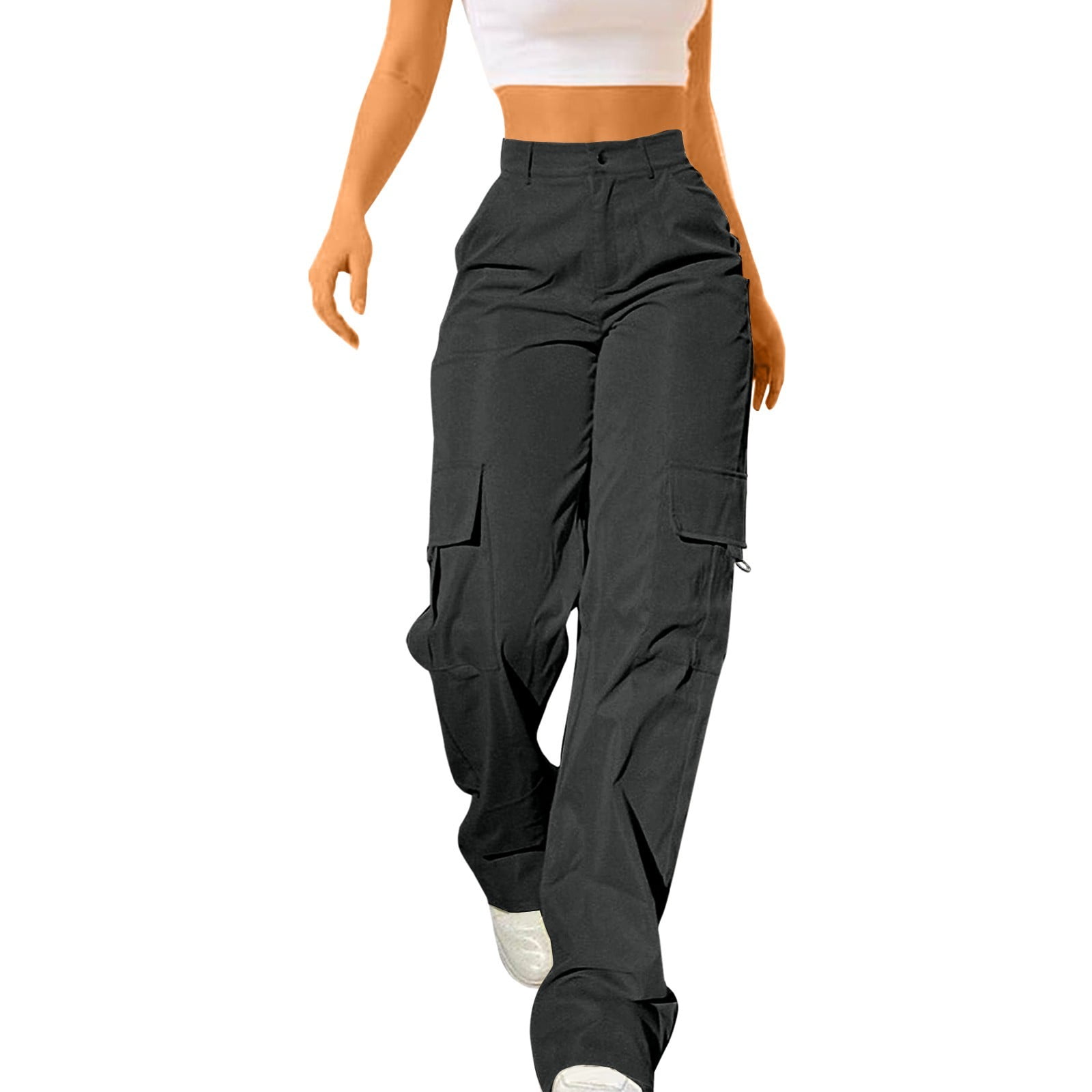Fulijie Womens Daily Elastic Waist Pockets Straight Solid Color Casual ...