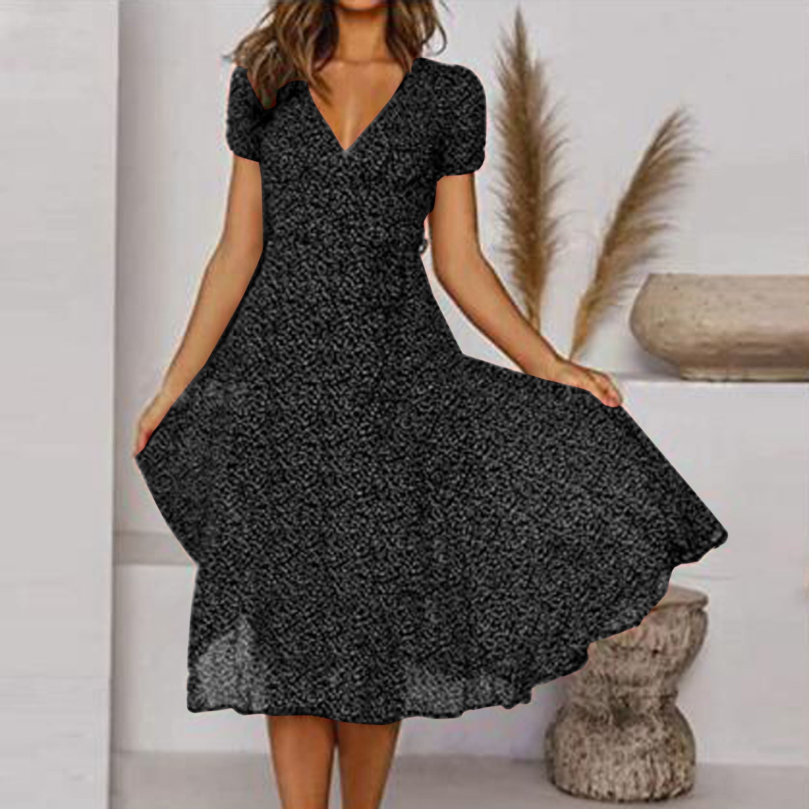 Fulijie Womens Dresses Women Casual Dress Summer V Neck Solid Color