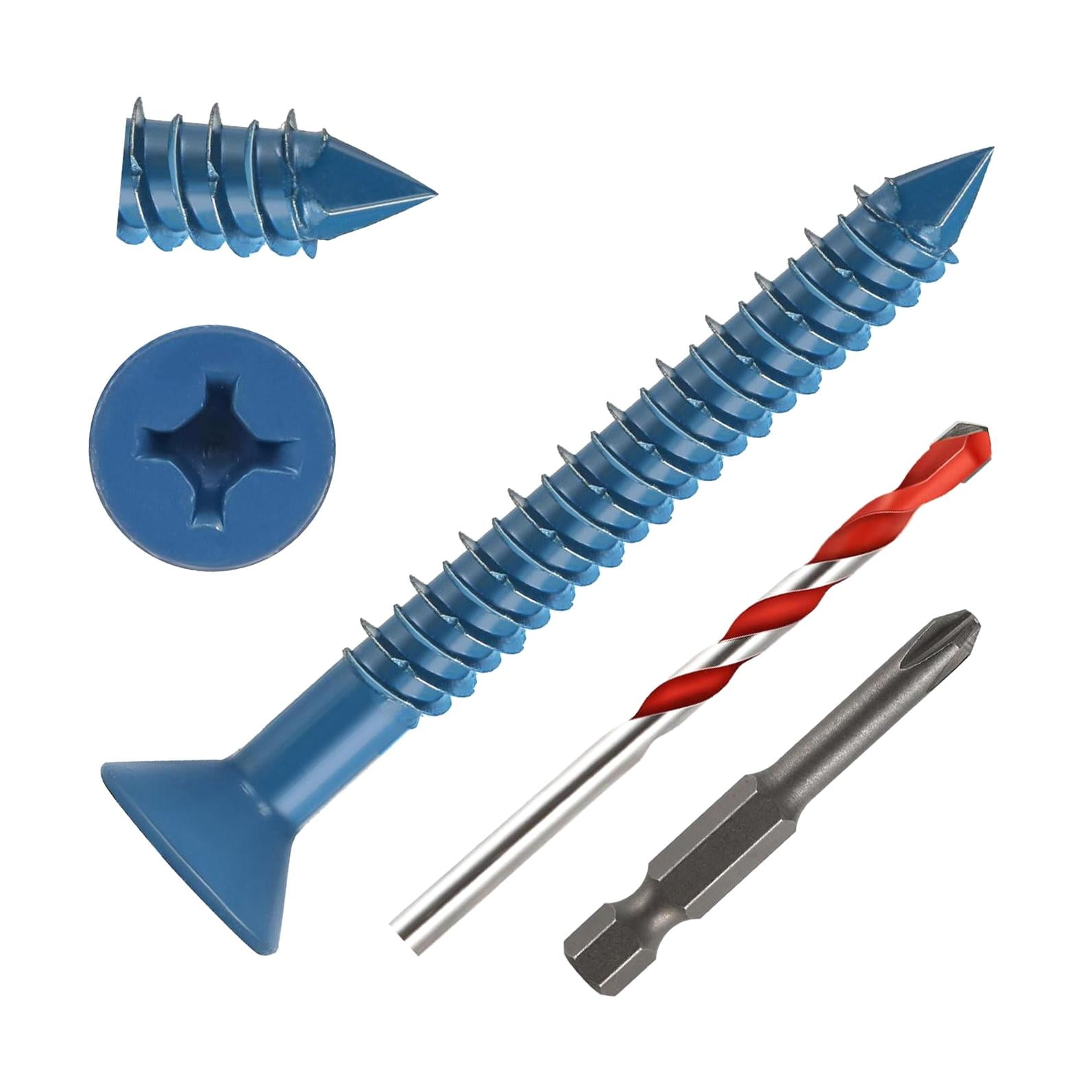 Fuliko 1/4" x 2-1/4" Concrete Fasteners, 50 Pieces Blue Flat Masonry Screws Kit with Drill and ...