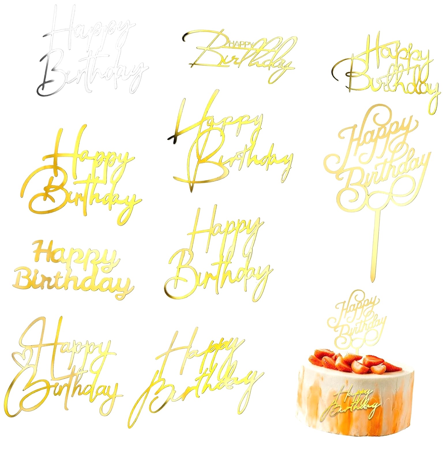 Fuliko 10 Piece Cake Toppers Set, Mirror Acrylic Glitter Side Cake ...