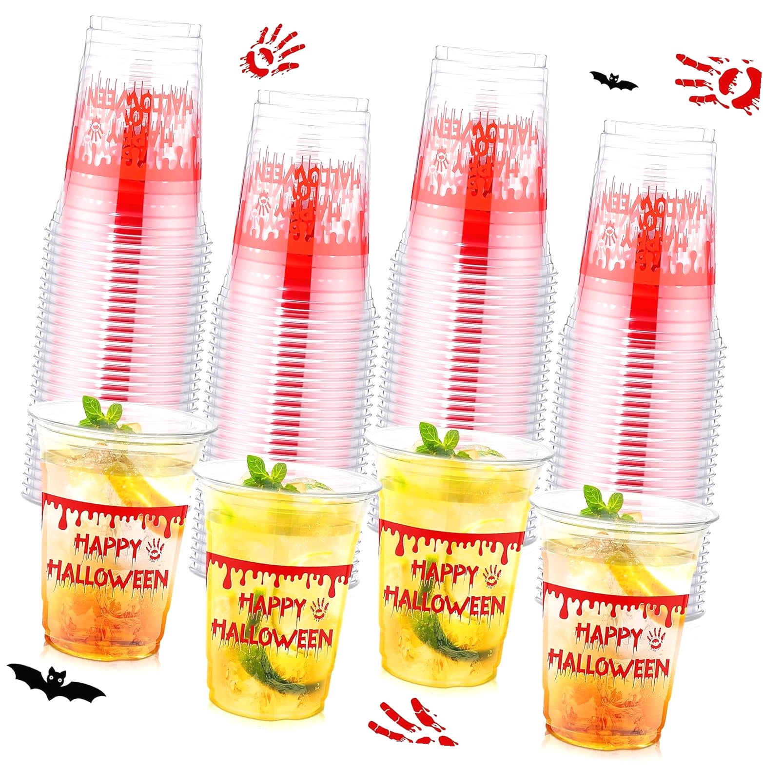 Fuliko 100 Pcs Plastic Cups 16 oz Clear Blood Print Cups Bulk for Trick ...