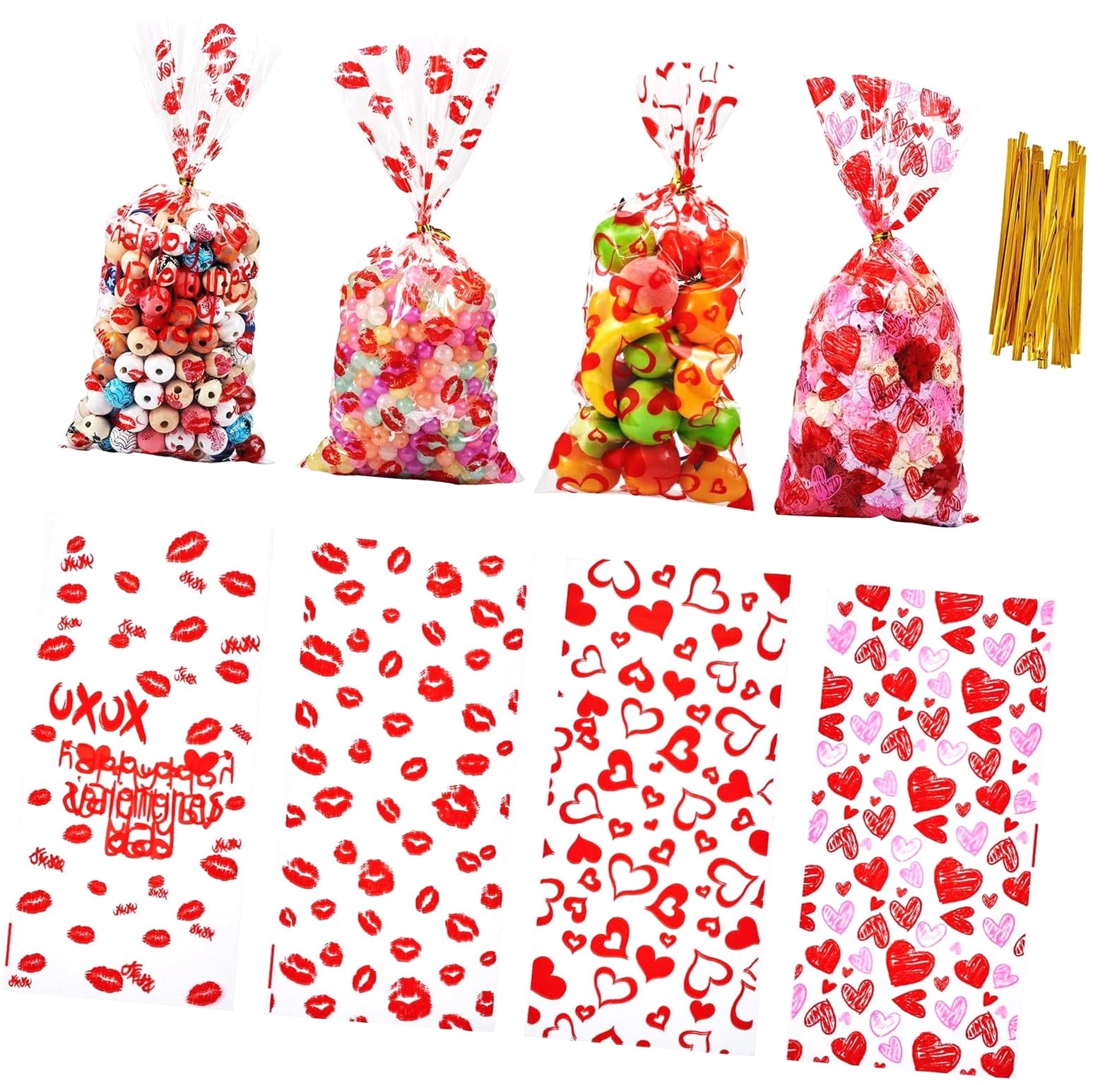 Fuliko 100Pcs Valentines Party Favor Bags - Love Heart Red Lips Print ...