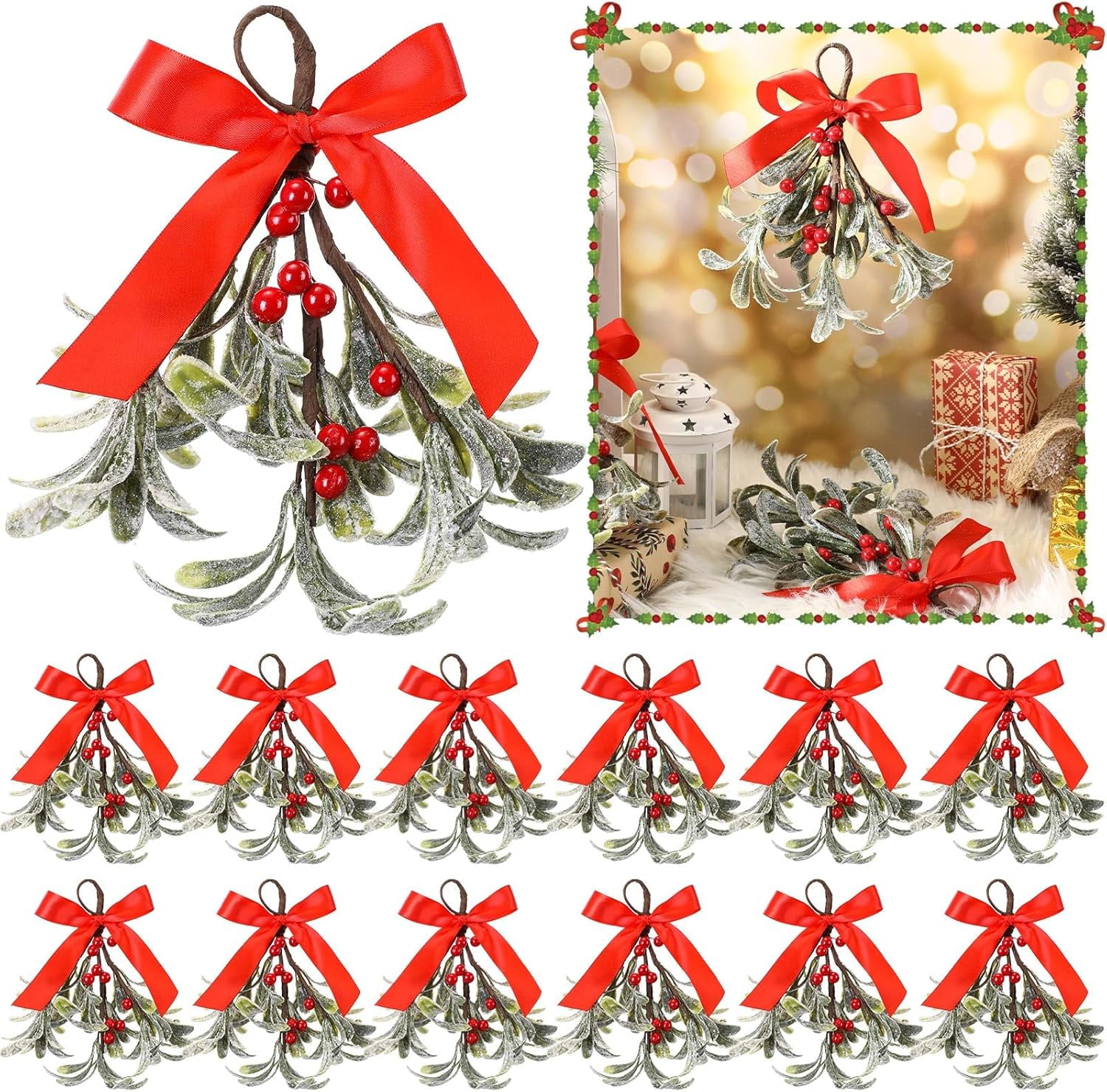 Fuliko 12 Pcs Christmas Mistletoe Decorations with Bow, Artificial ...