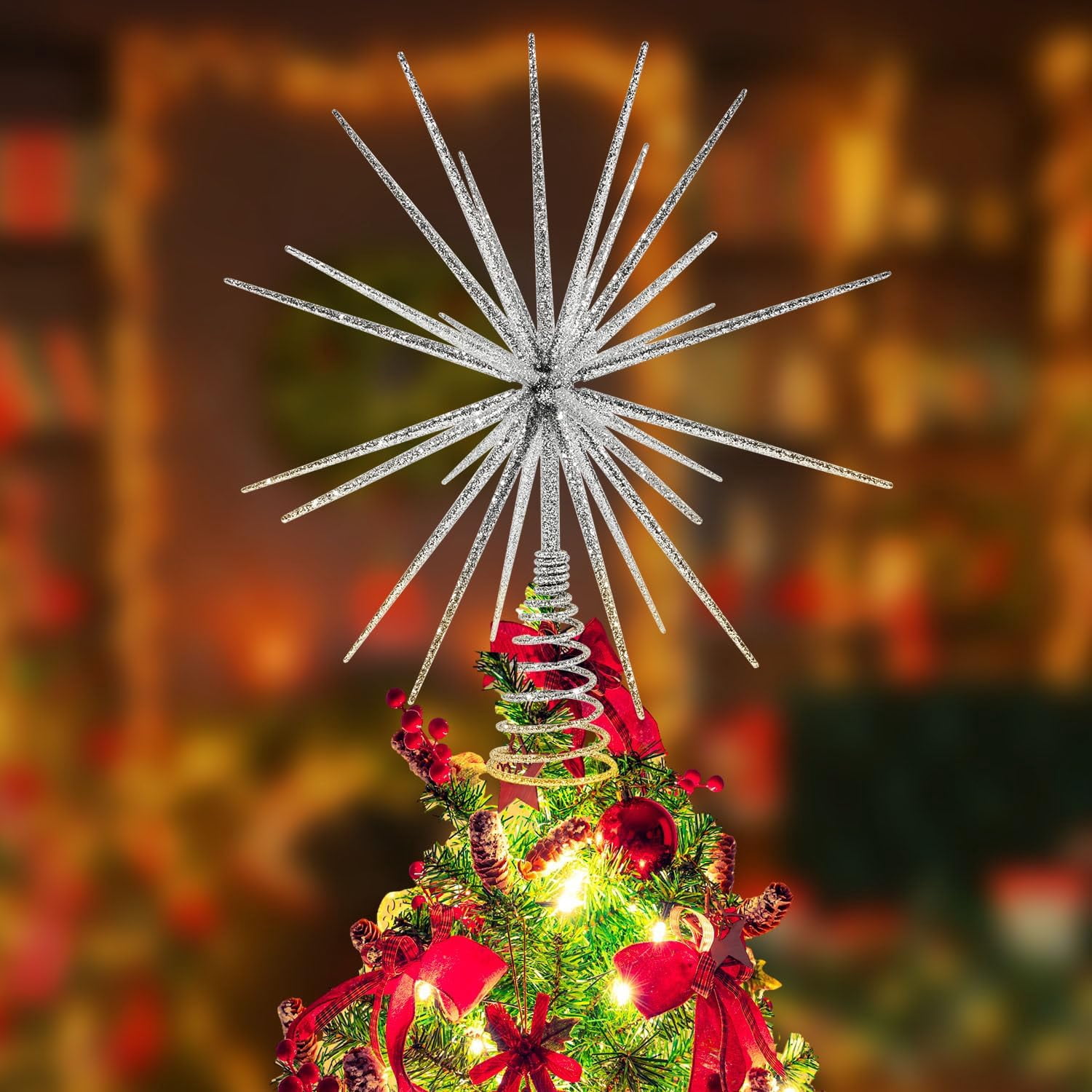 Fuliko 13.7 Inch Silver Christmas Tree Topper 3D Burst Silver Tree ...