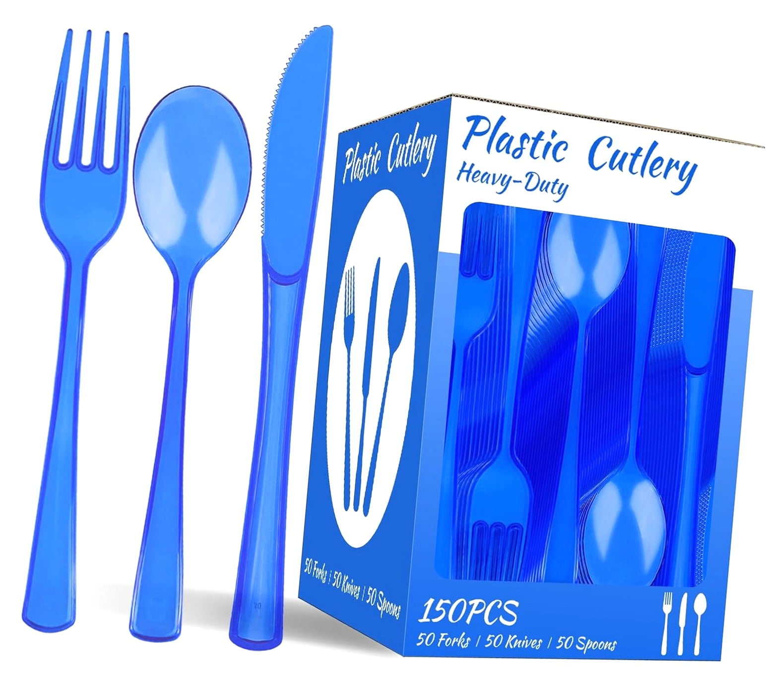 Fuliko 150 Pack Cutlery Set, Blue Plastic Silverware Clear Utensils Set ...