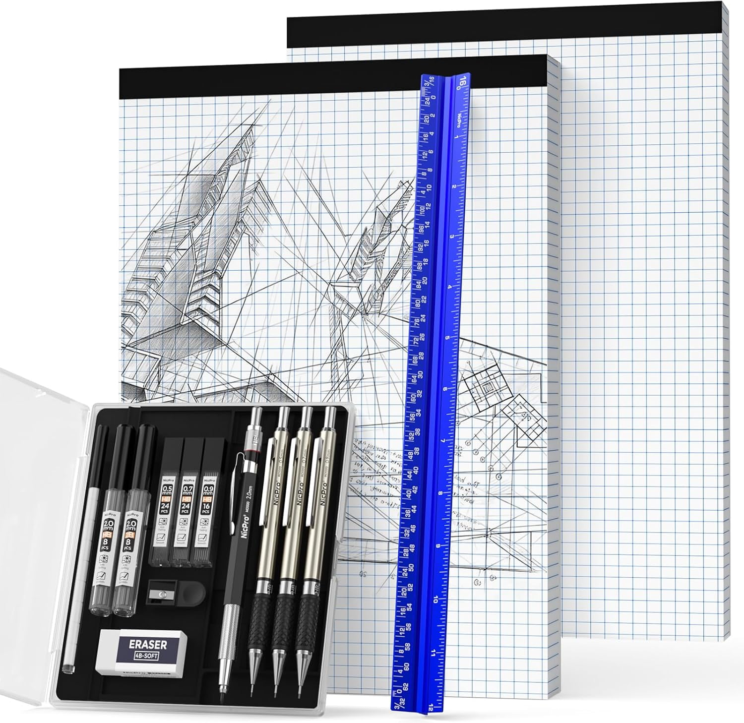 Fuliko 16-Piece Drafting Kit with 12-Inch Aluminum Architect Ruler ...