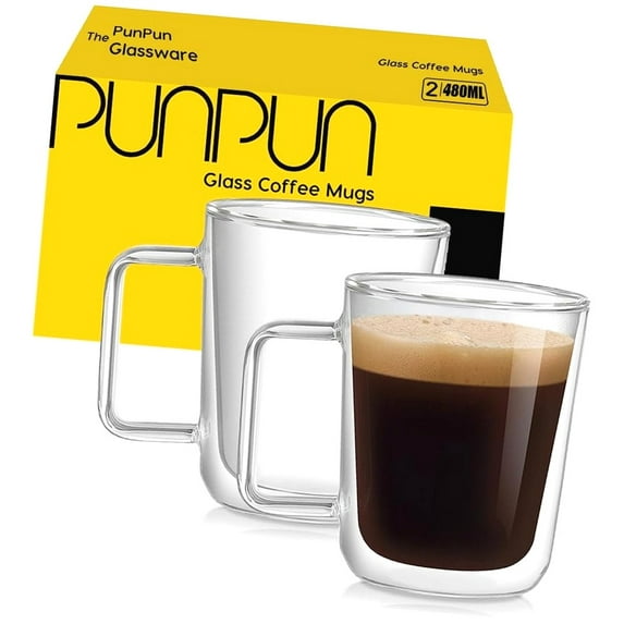 Fuliko 16oz.480ml Clear Mugs Large Coffee Cups, Insulated Double Wall Glassware, Big Handle ...